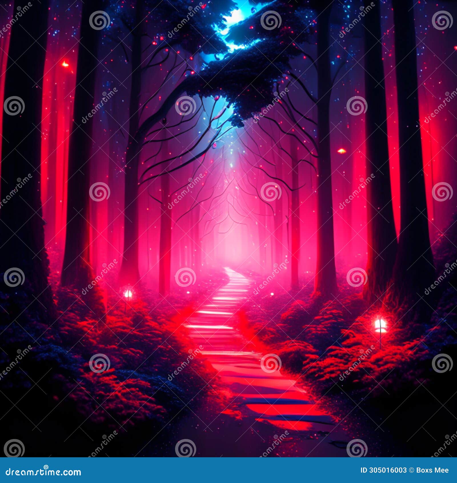 Illustration of a Pathway in a Dark Forest with Red Lights and Trees ...