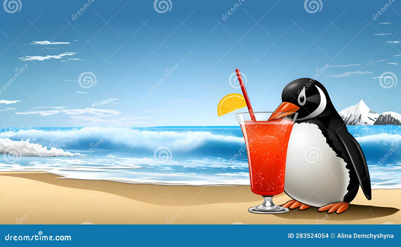 Illustration of a Penguin with a Cocktail on the Beach, Generative AI ...