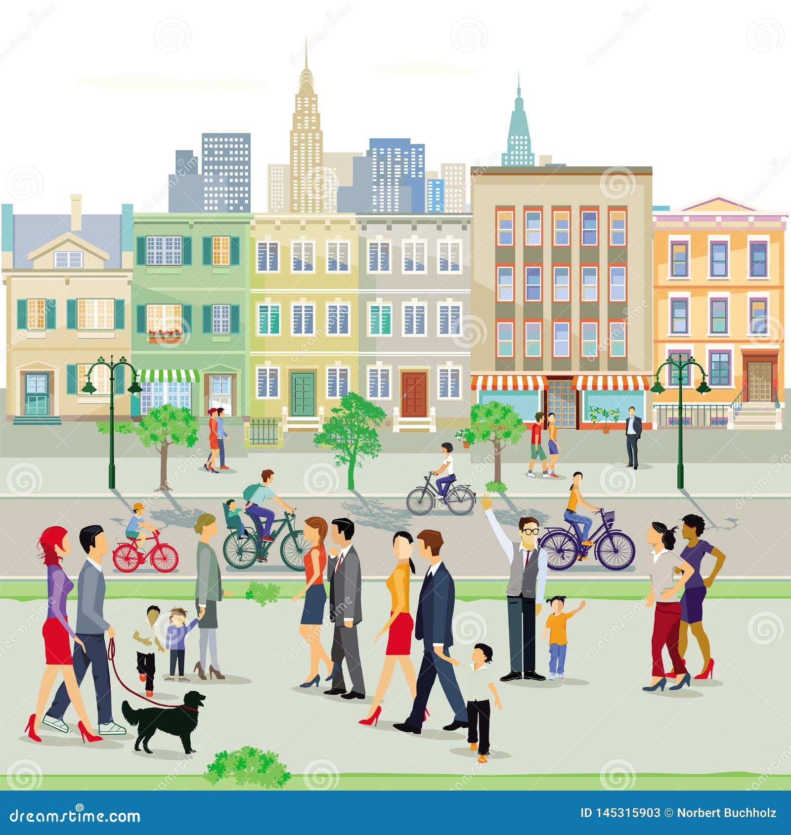 Street scene stock vector. Illustration of buildings - 145315903