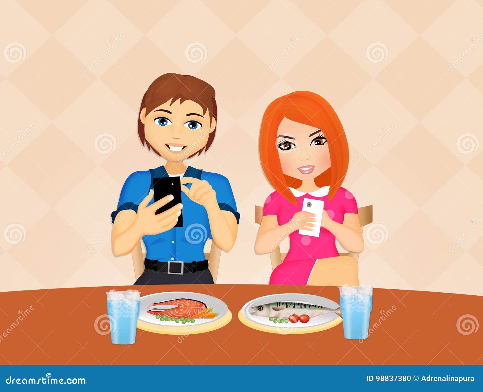 People with Cell Phone at Table Stock Illustration - Illustration of ...