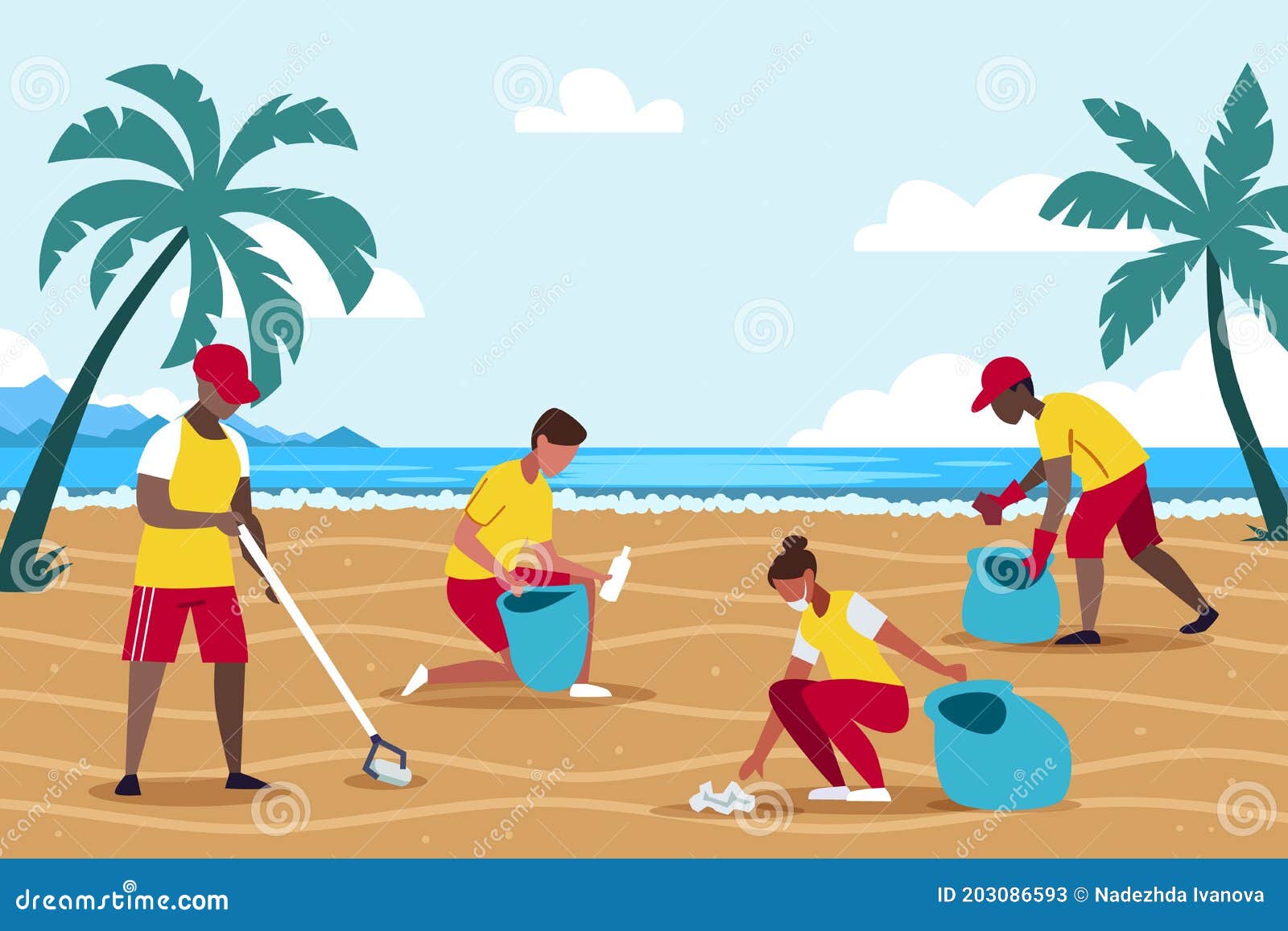 Illustration of People Cleaning Beach Vector Illustration Stock ...
