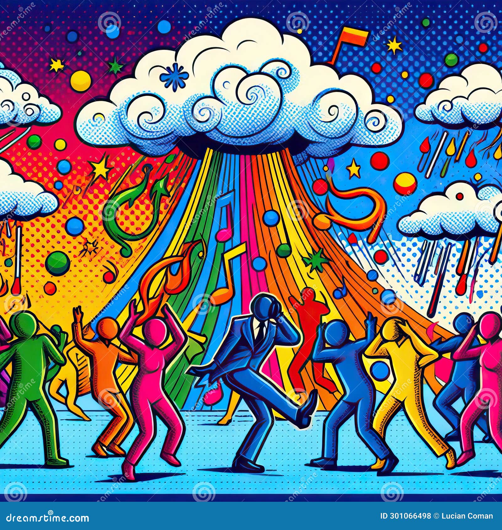 Illustration People Dancing Rainy Clouds Over a Rainbow and Musical ...