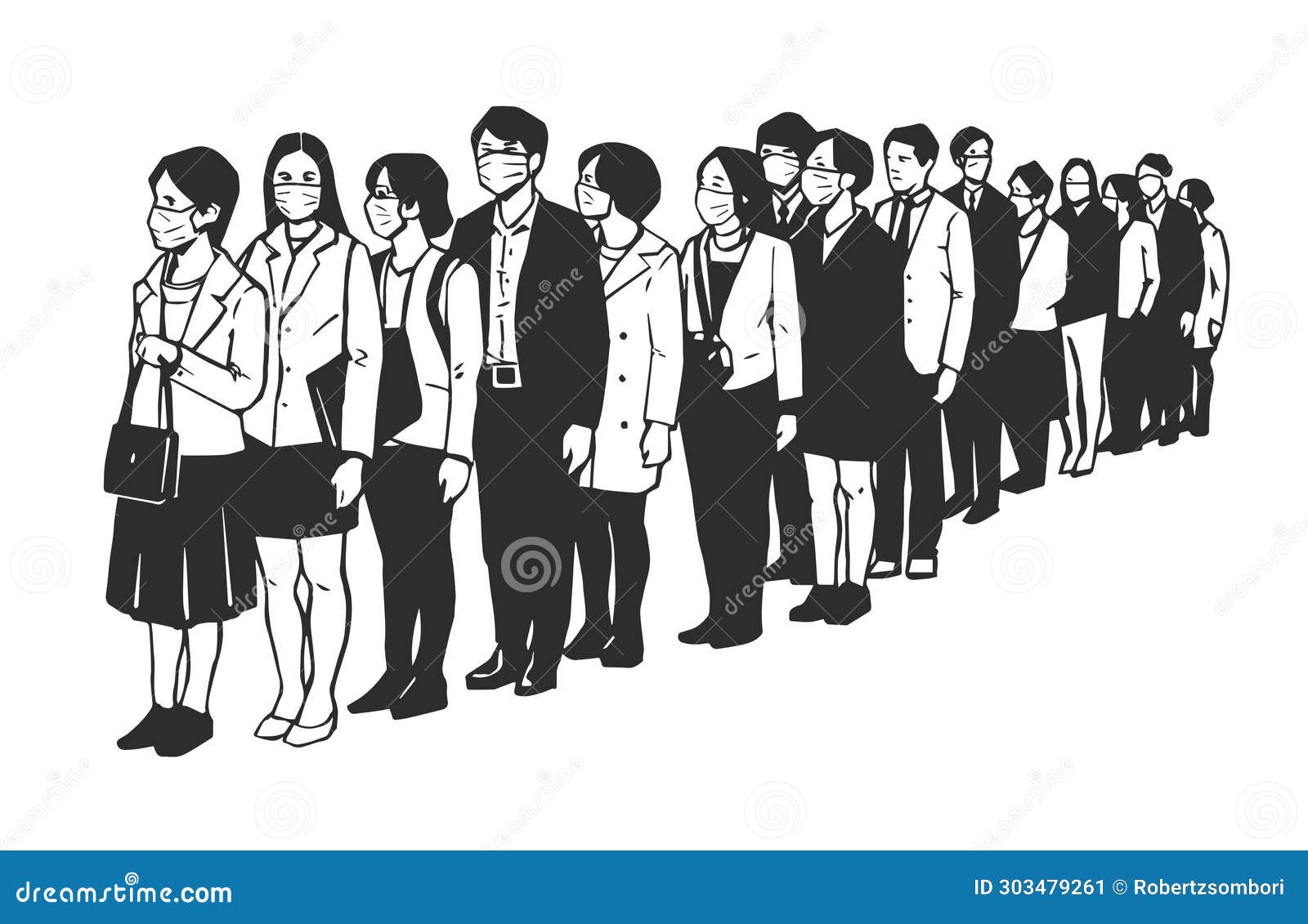 Illustration of People, Passengers Waiting, Standing in Line in Black ...