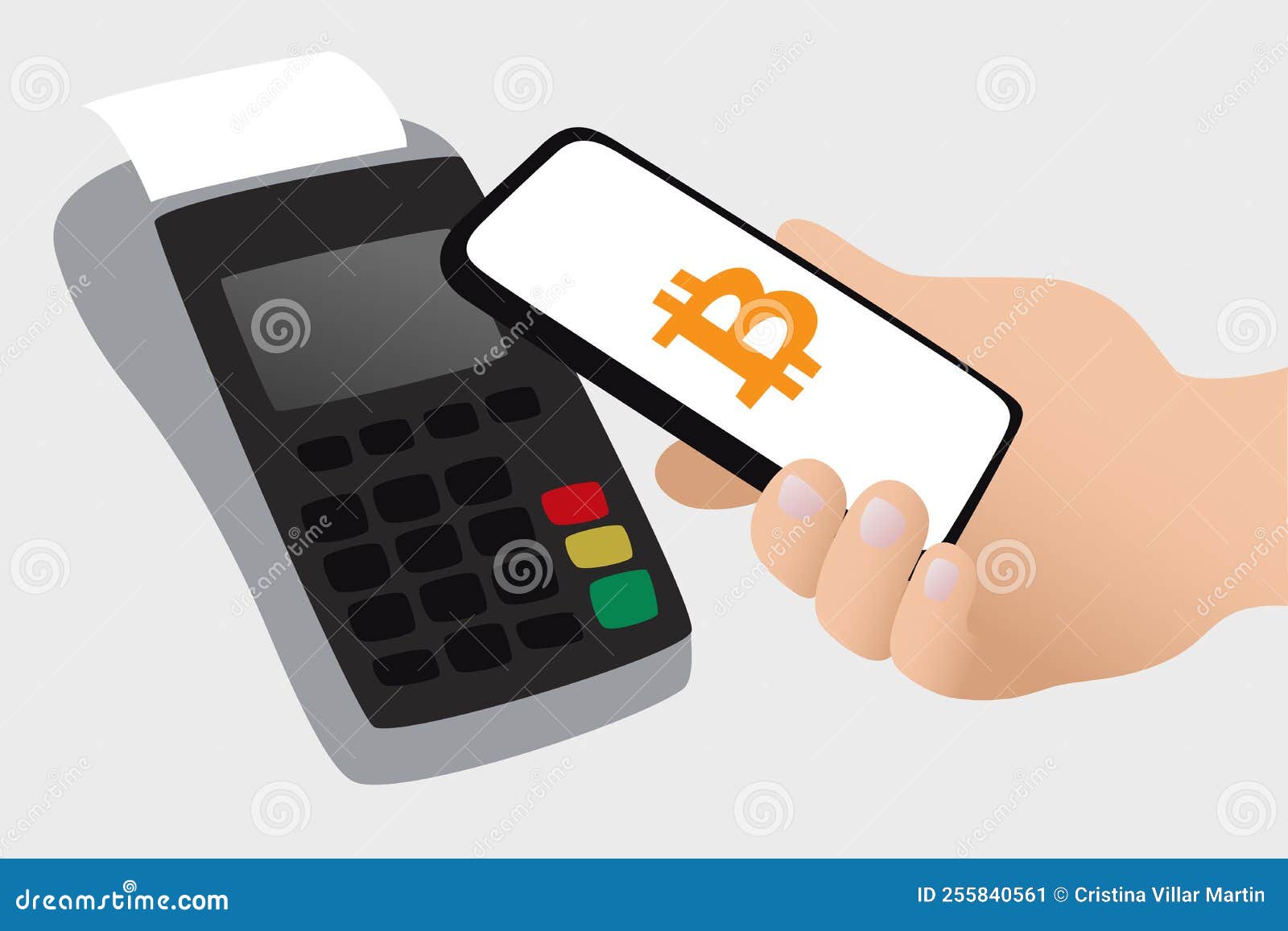 Illustration of a Person Hand Paying with the Smartphone Using Bitcoins ...