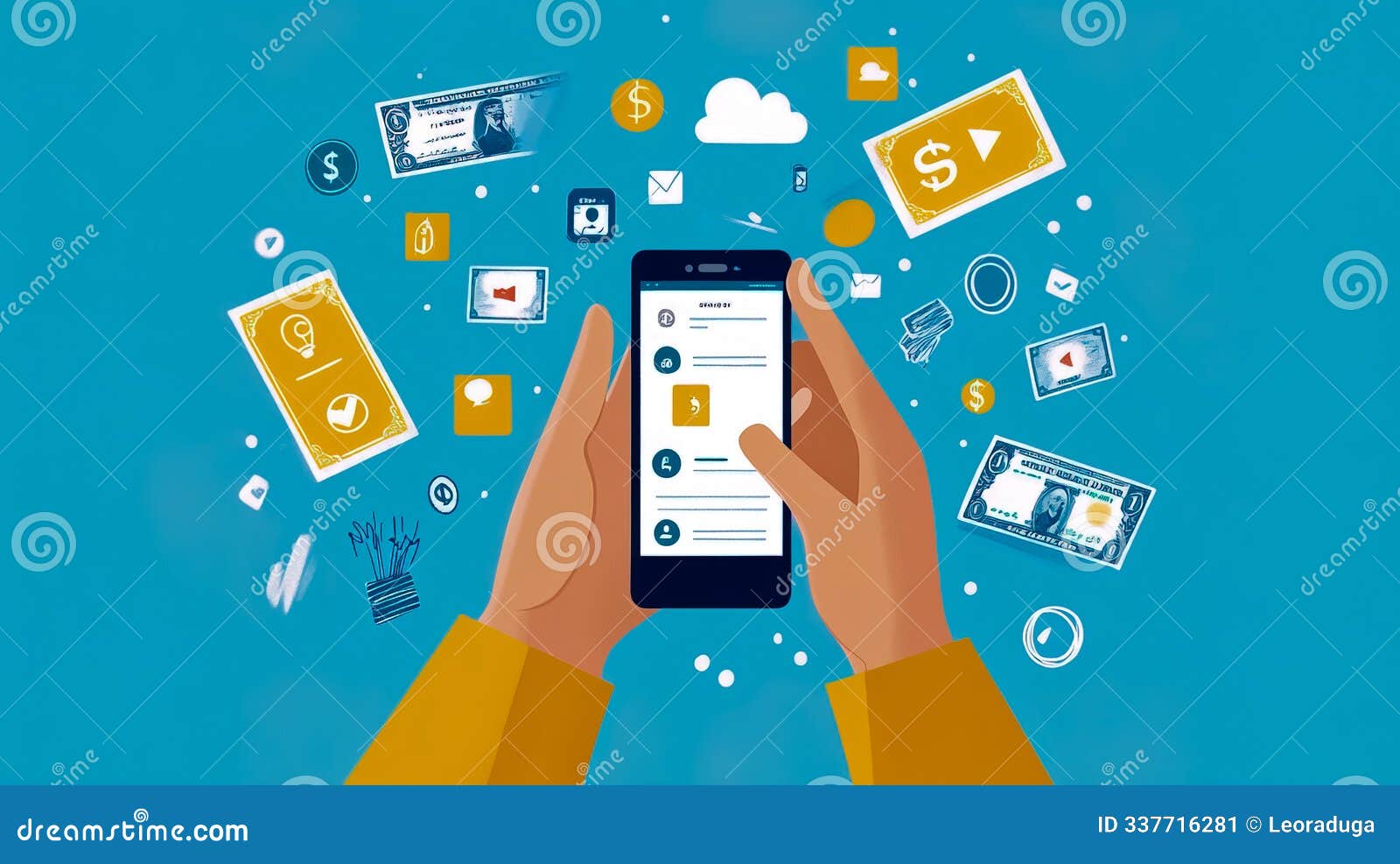 Illustration of a Person Interacting with a Mobile Phone, Using Social ... Illustration of a Person Interacting with a Mobile Phone, Using Social ...