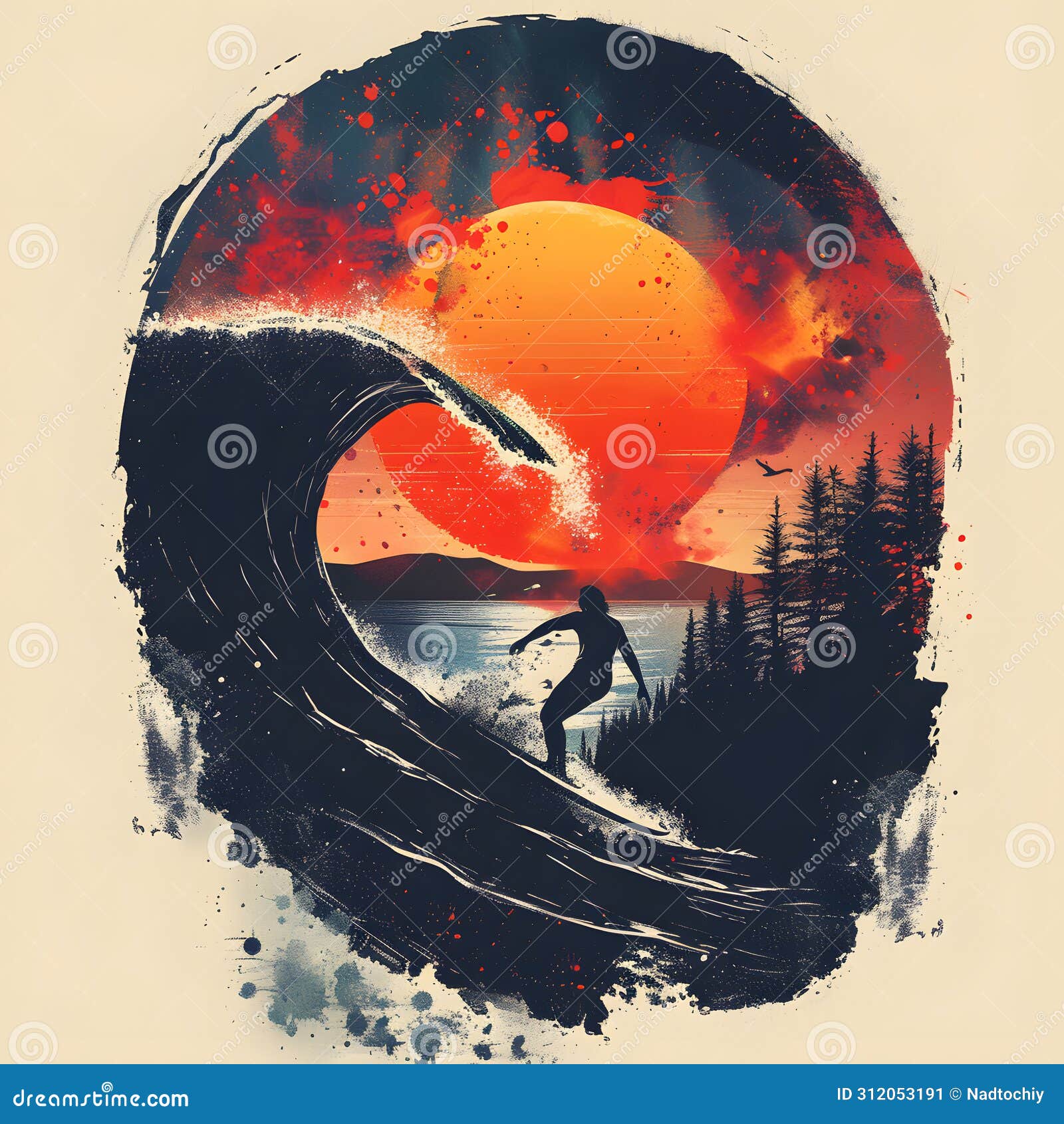 Illustration of a Person Surfing a Wave with the Sun in the Background ...