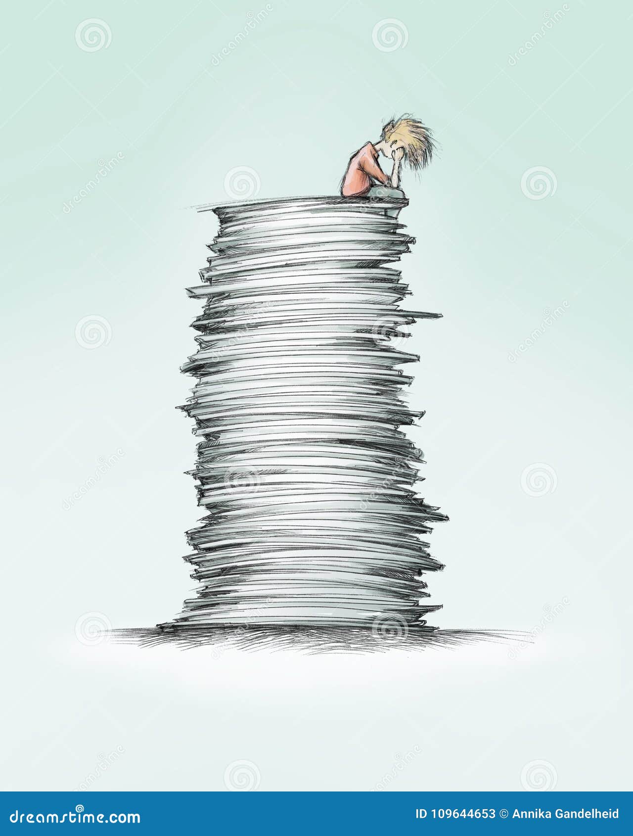 Person Sits on High Paper Stack Stock Illustration - Illustration of ...
