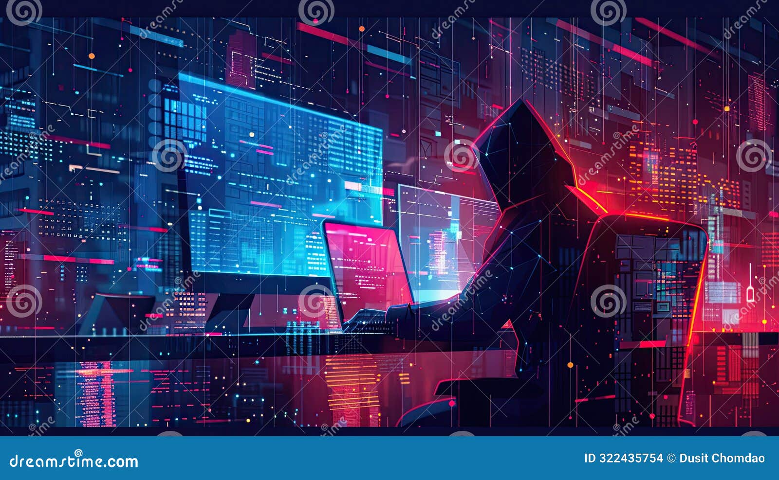 Illustration of a Phishing Attack: Hacker at a Computer and Victim ...
