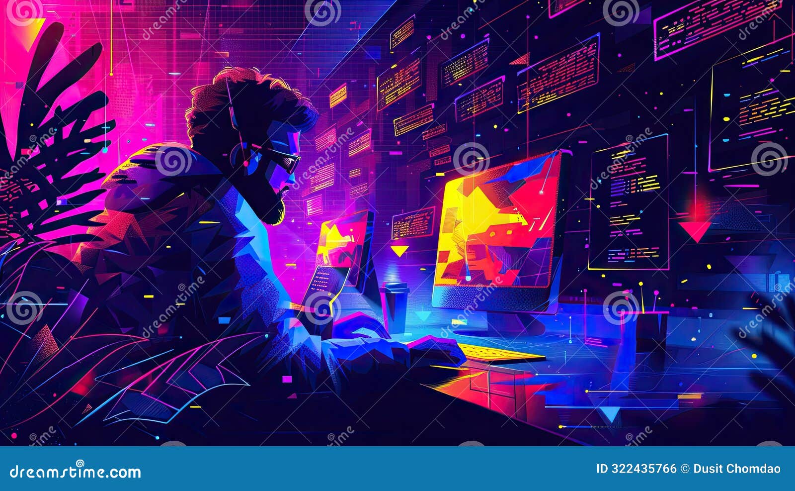 Illustration of a Phishing Attack: Hacker at a Computer and Victim ...