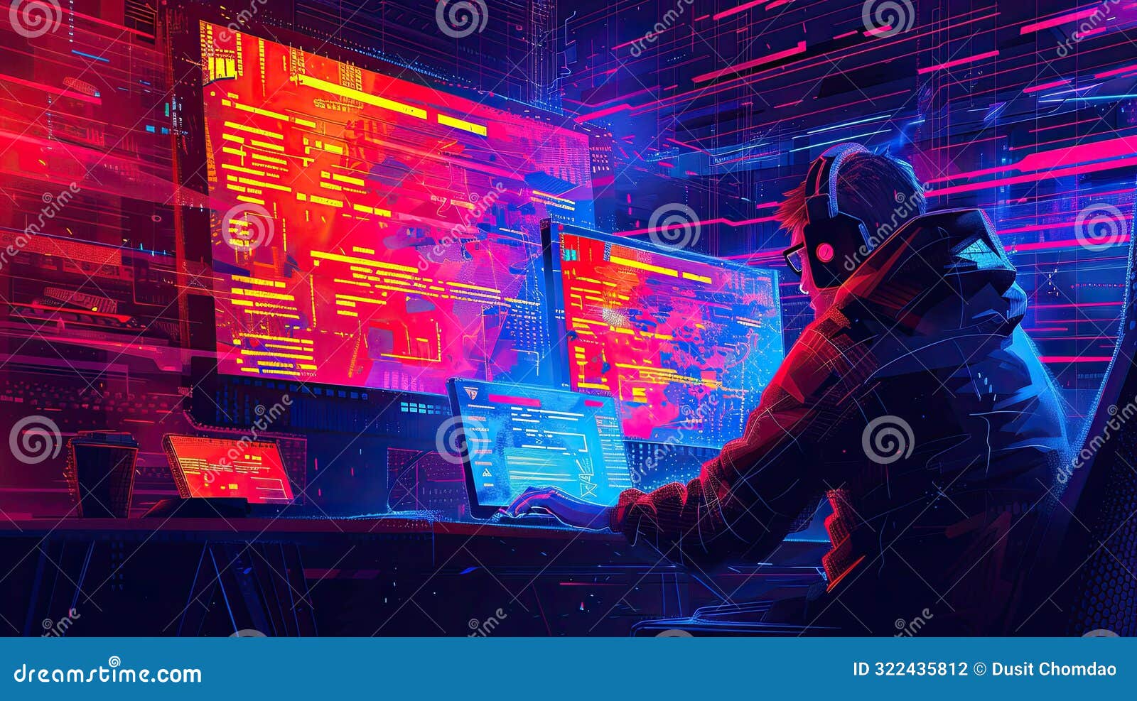 Illustration of a Phishing Attack: Hacker at a Computer and Victim ...