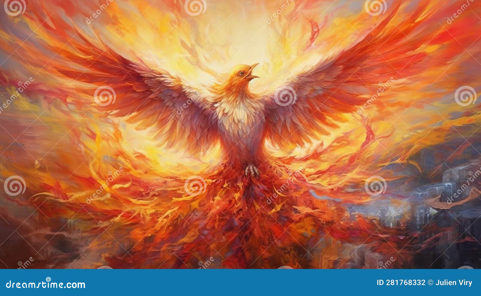 Illustration of a Phoenix Soaring Against a Backdrop of a Dramatic ...