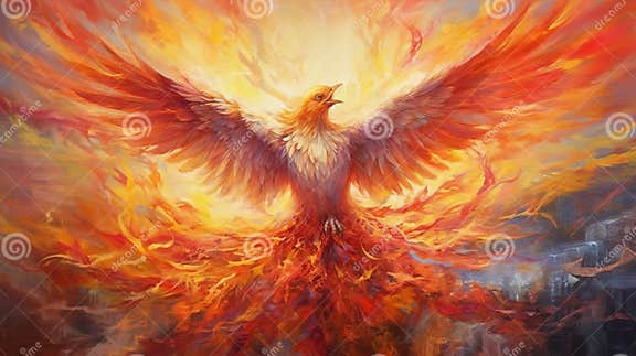 Illustration of a Phoenix Soaring Against a Backdrop of a Dramatic ...