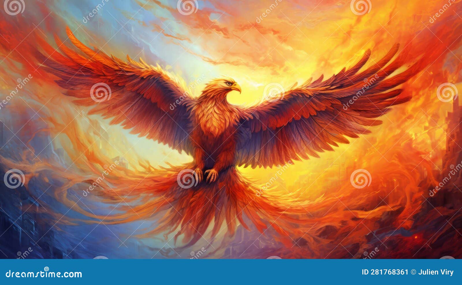 Illustration of a Phoenix Soaring Against a Backdrop of a Dramatic ...