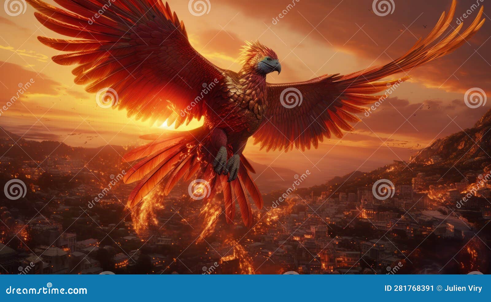 Illustration of a Phoenix Soaring Against a Backdrop of a Dramatic ...