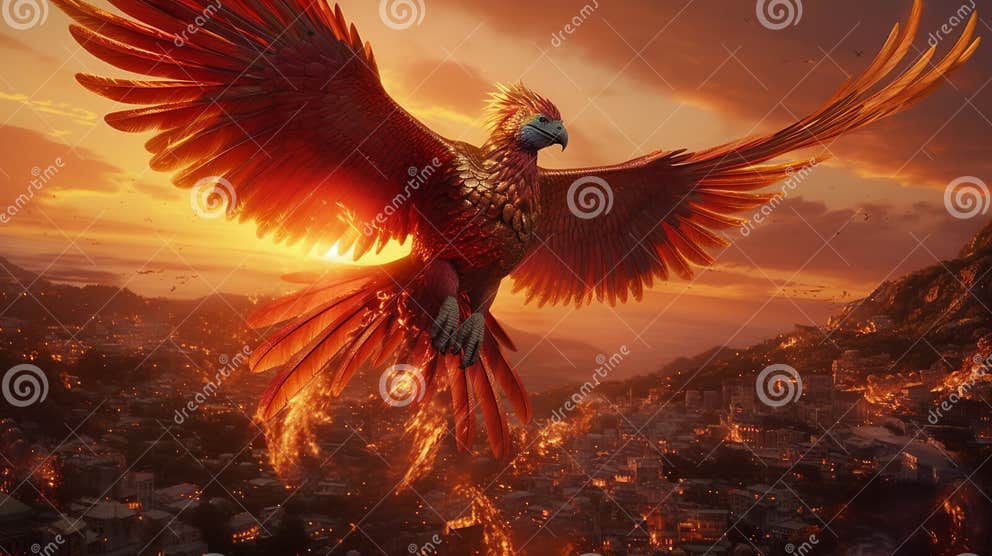 Illustration of a Phoenix Soaring Against a Backdrop of a Dramatic ...
