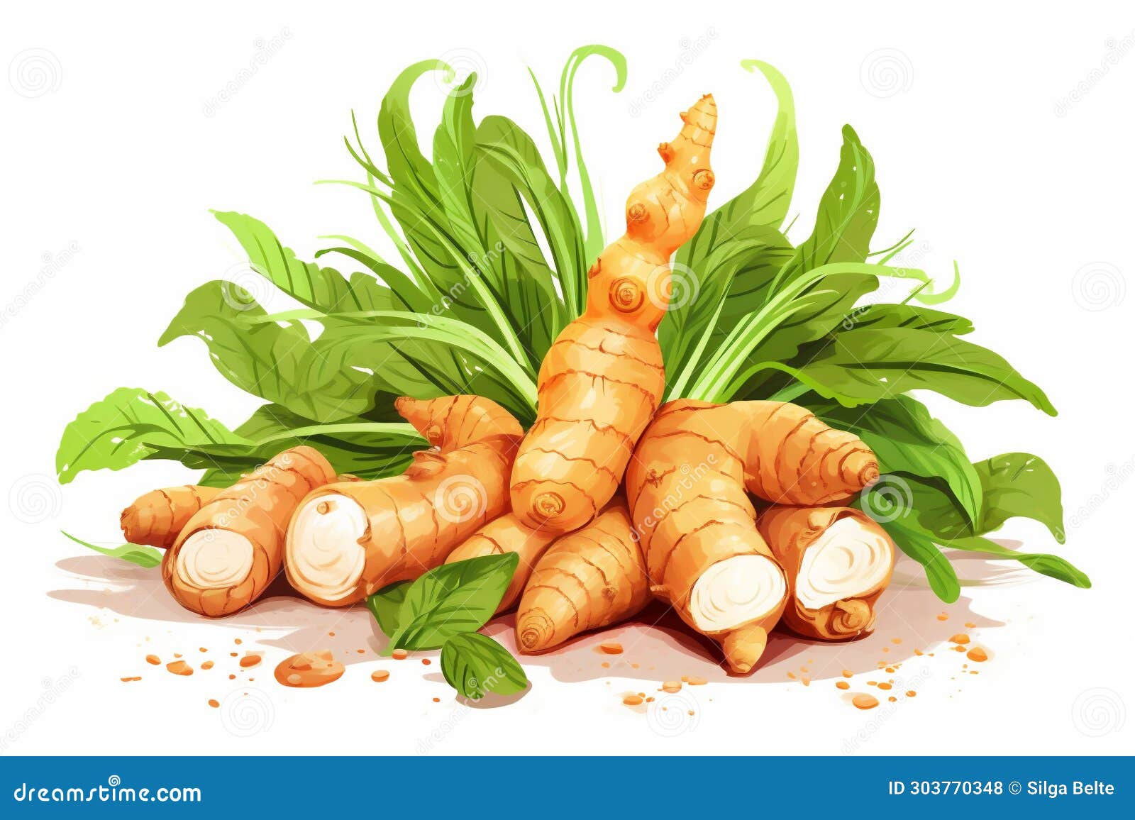 Fresh Turmeric (curcuma) Root With Leaves Over White Background ...