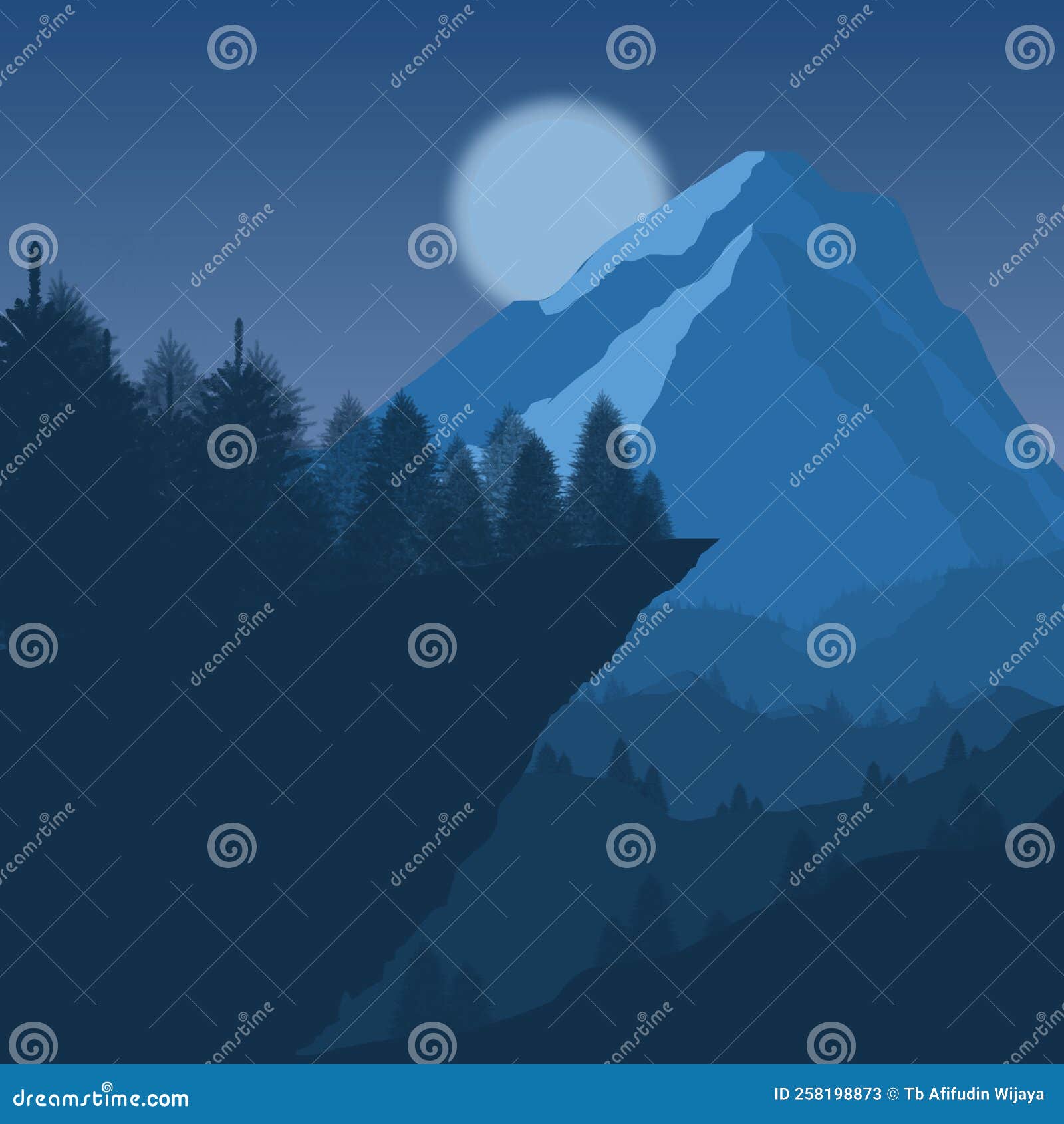 Illustration of a Pine Forest with Night View Behind the Mountain ...