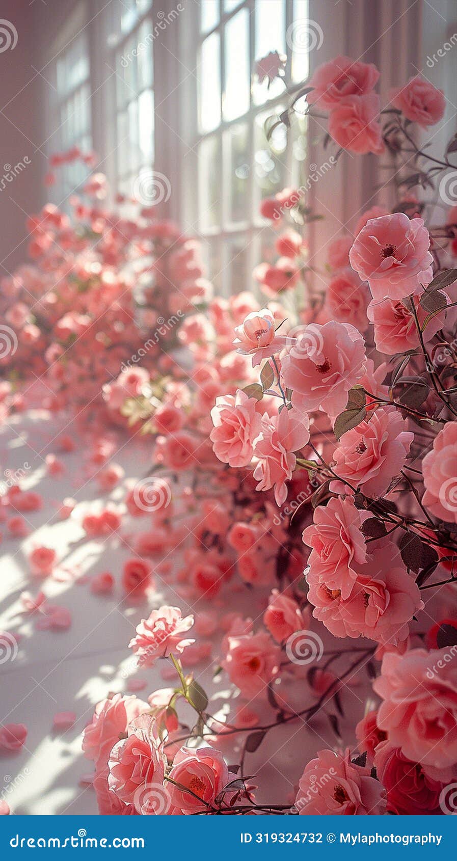 Illustration of Pink Rose Vine Flowers in an Empty Elegant White Room ...