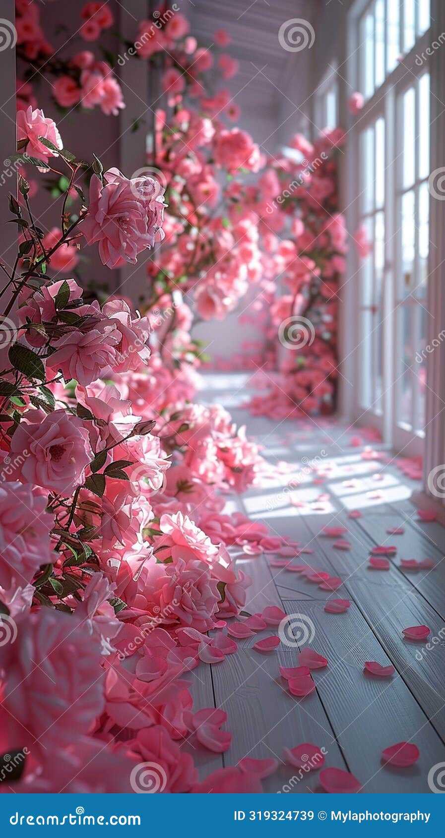 Illustration of Pink Rose Vine Flowers in an Empty Elegant White Room ...