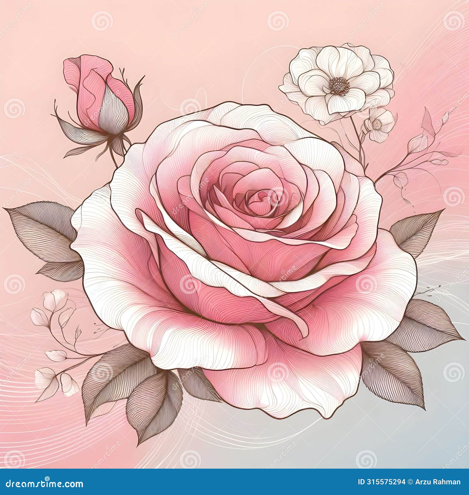A Pink Rose Line Art and Paste Stock Illustration - Illustration of ...