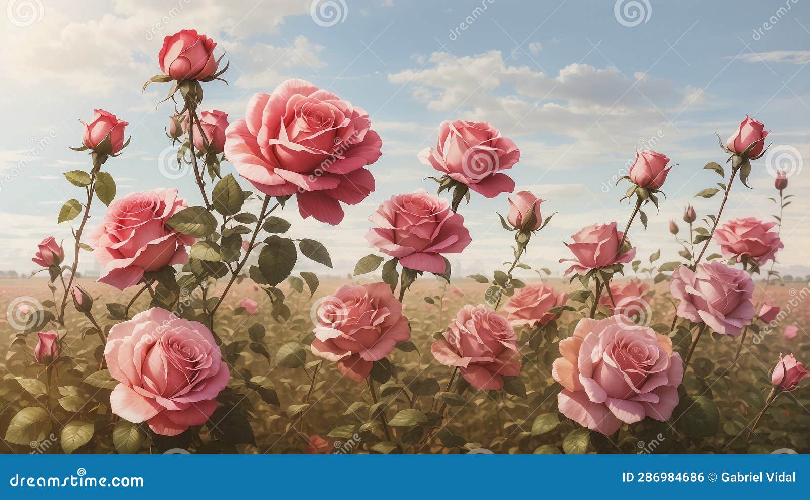 Illustration with Pink Roses in a Field Stock Illustration ...