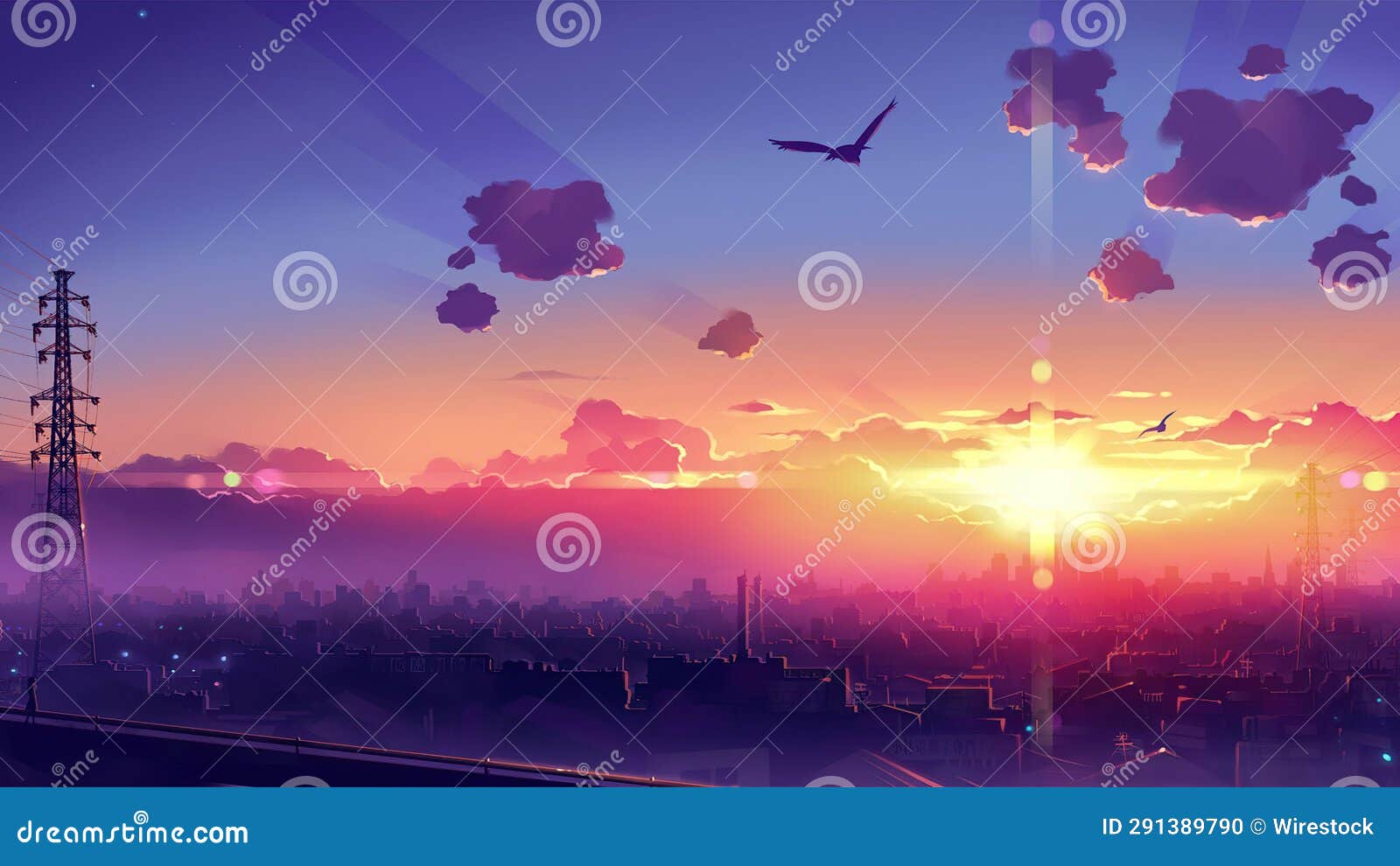 Illustration of a Pink Sunset Over the City Stock Illustration ...