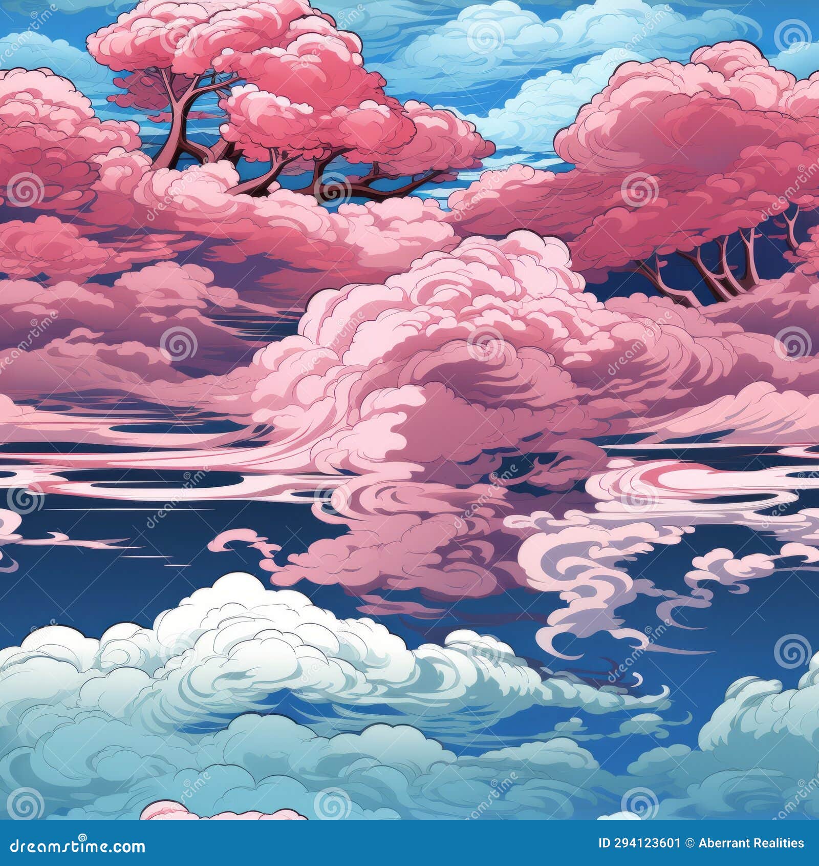 An Illustration of Pink Trees and Clouds in the Sky Stock Illustration ...