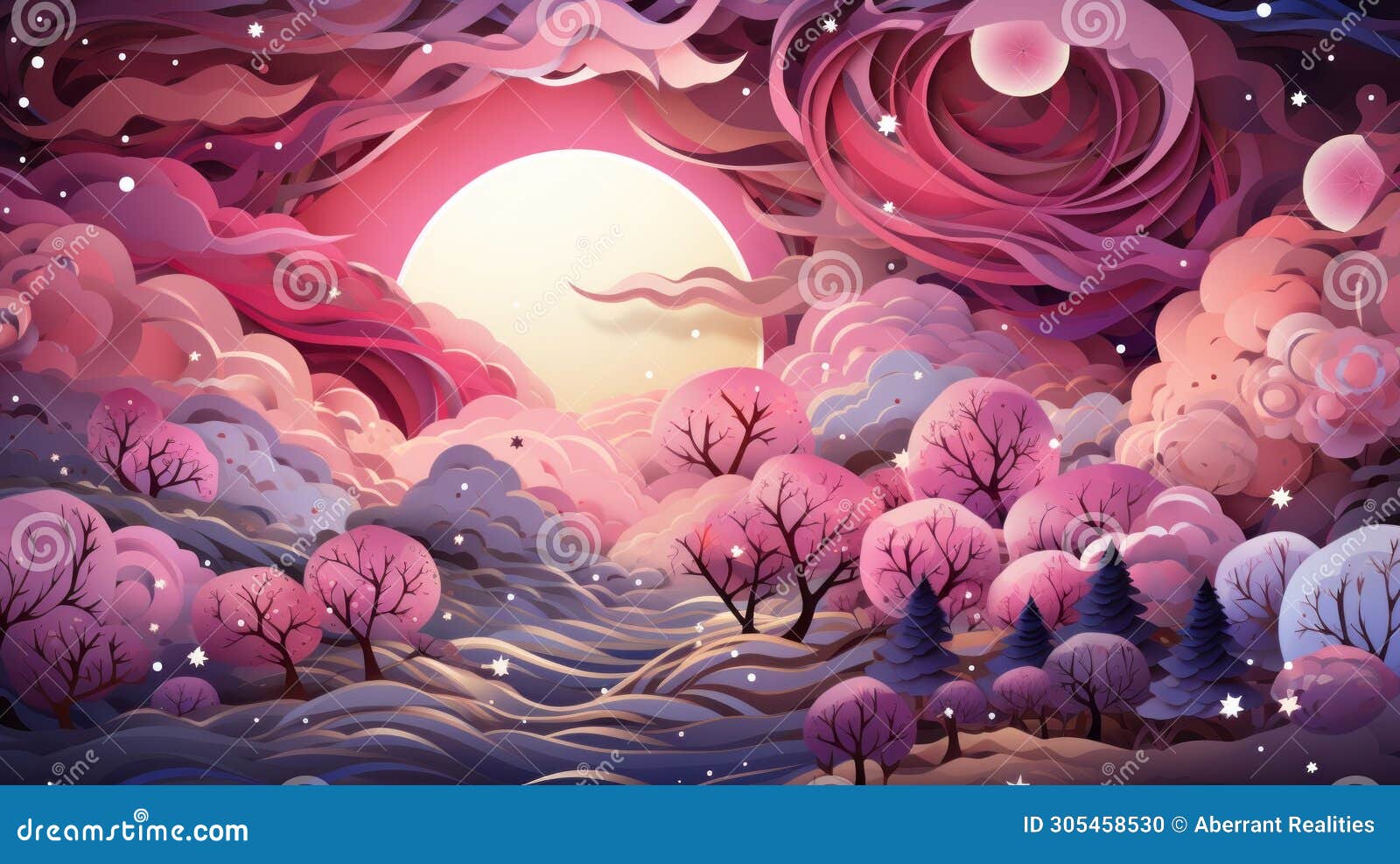 An Illustration of Pink Trees and a Full Moon in the Sky Stock ...