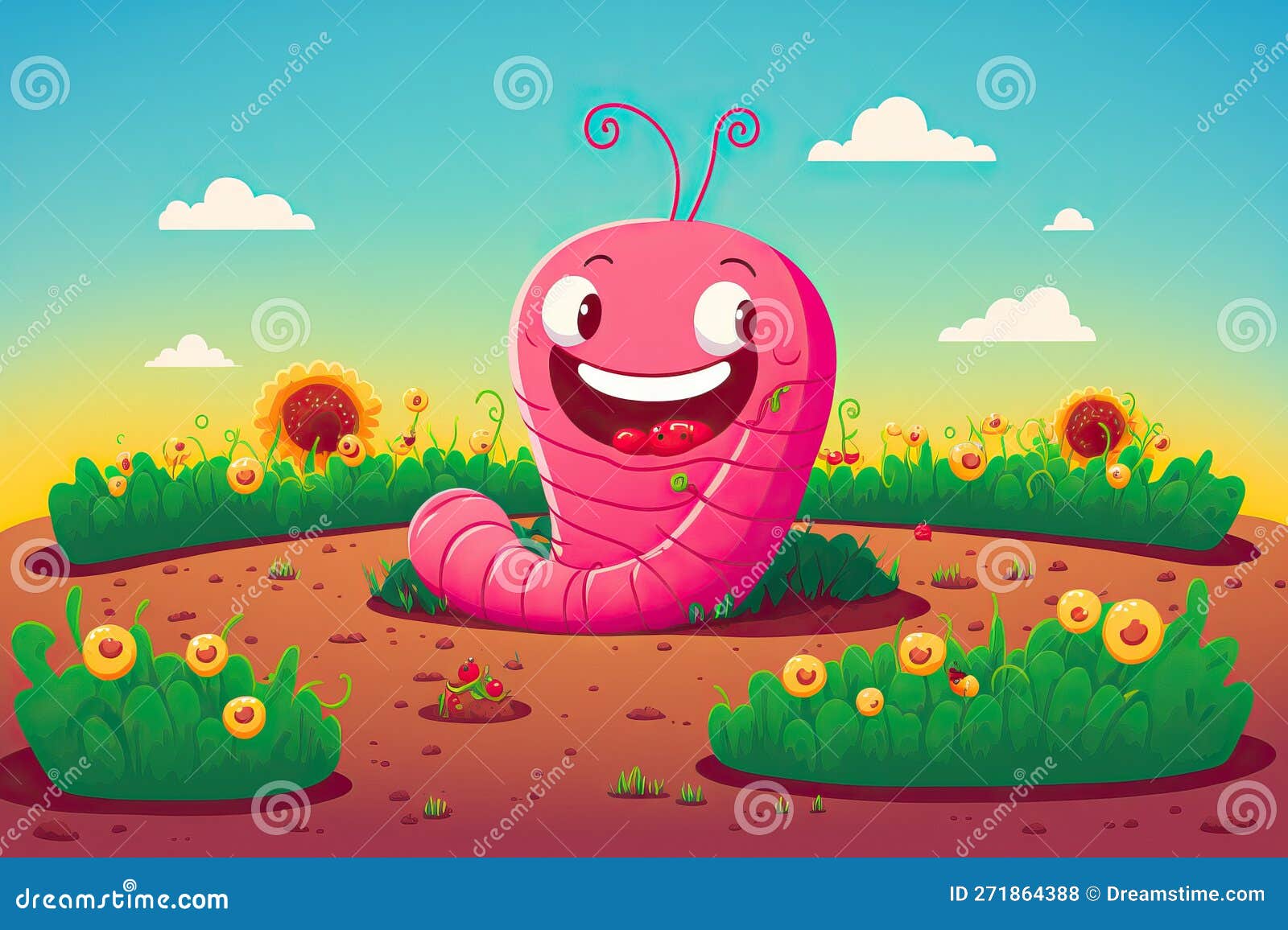 Illustration of a Pink Worm with a Smile Crawling on the Ground in a ...