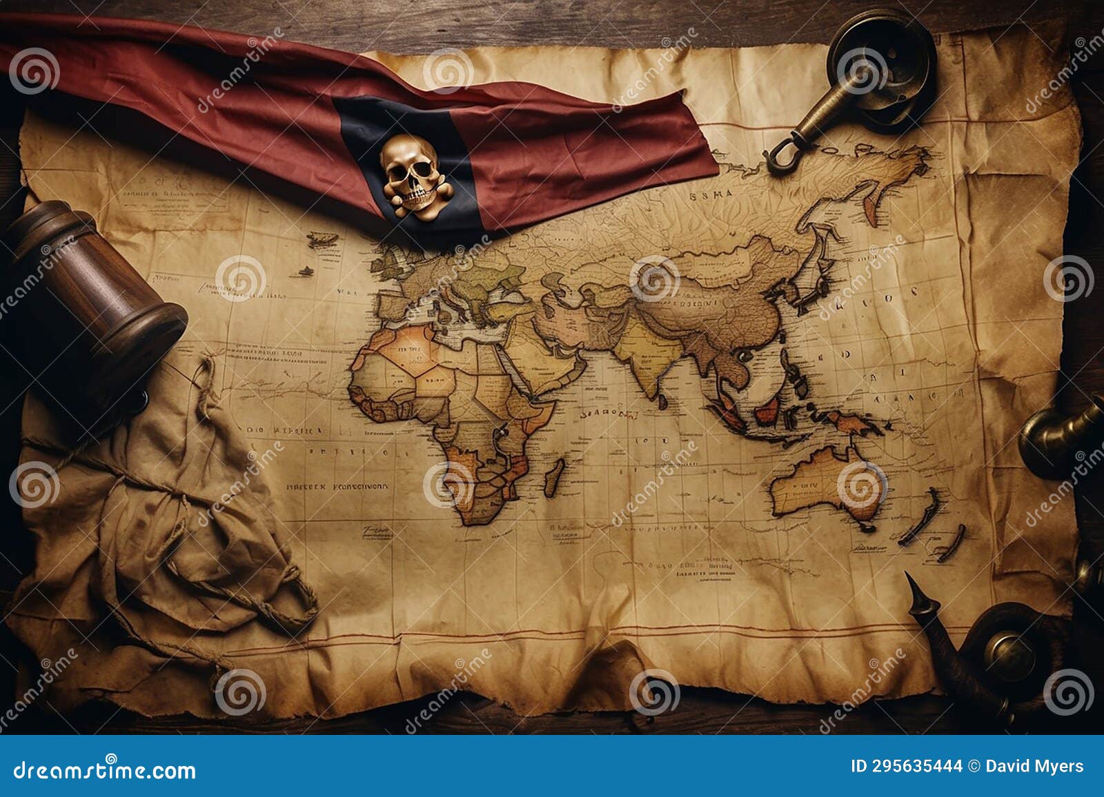 Illustration, Pirate Map on Aged Parchment, with Seafaring Equipment ...