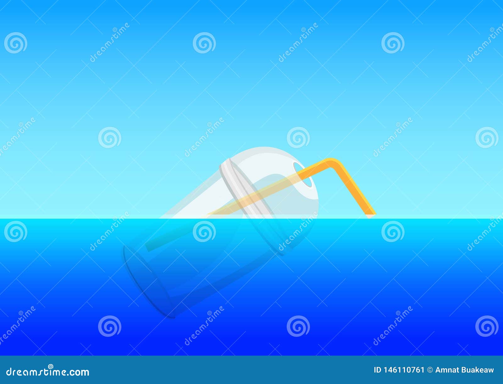 Illustration Plastic Cup And Straws Float On The Surface Ocean Sea Or ...