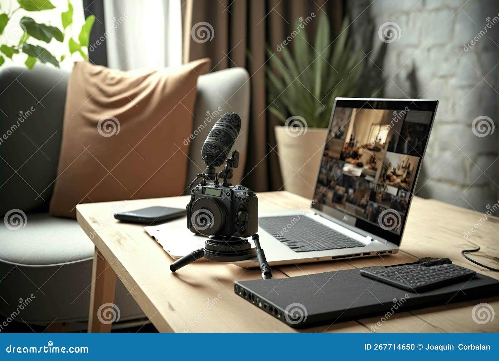 Illustration of a Podcast Recording Home Studio, Warm and Tidy ...