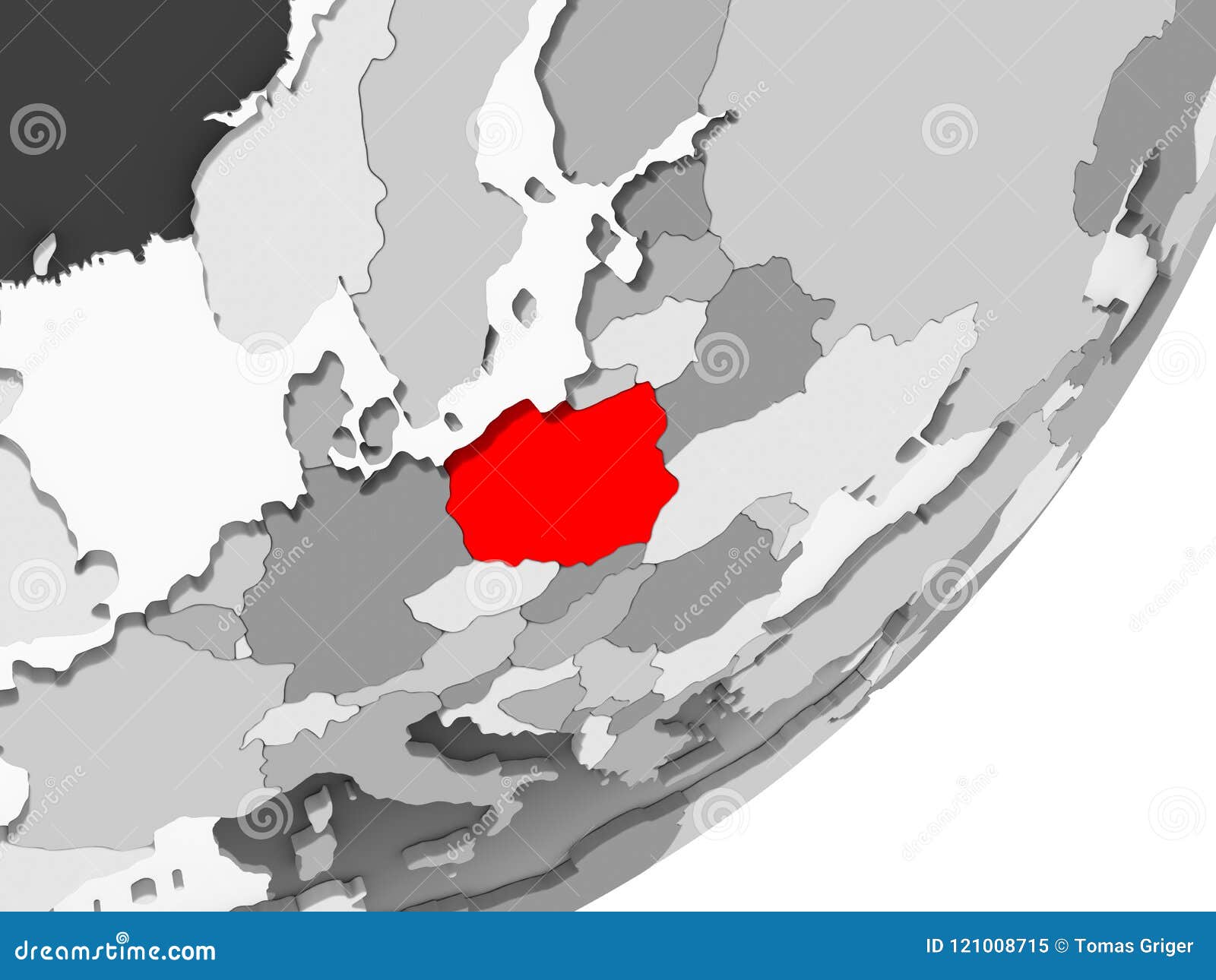 Poland in red on grey map stock illustration. Illustration of globe ...