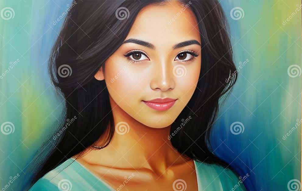 Portrait Of A Beautiful Asian Woman With Long Black Hair Stock