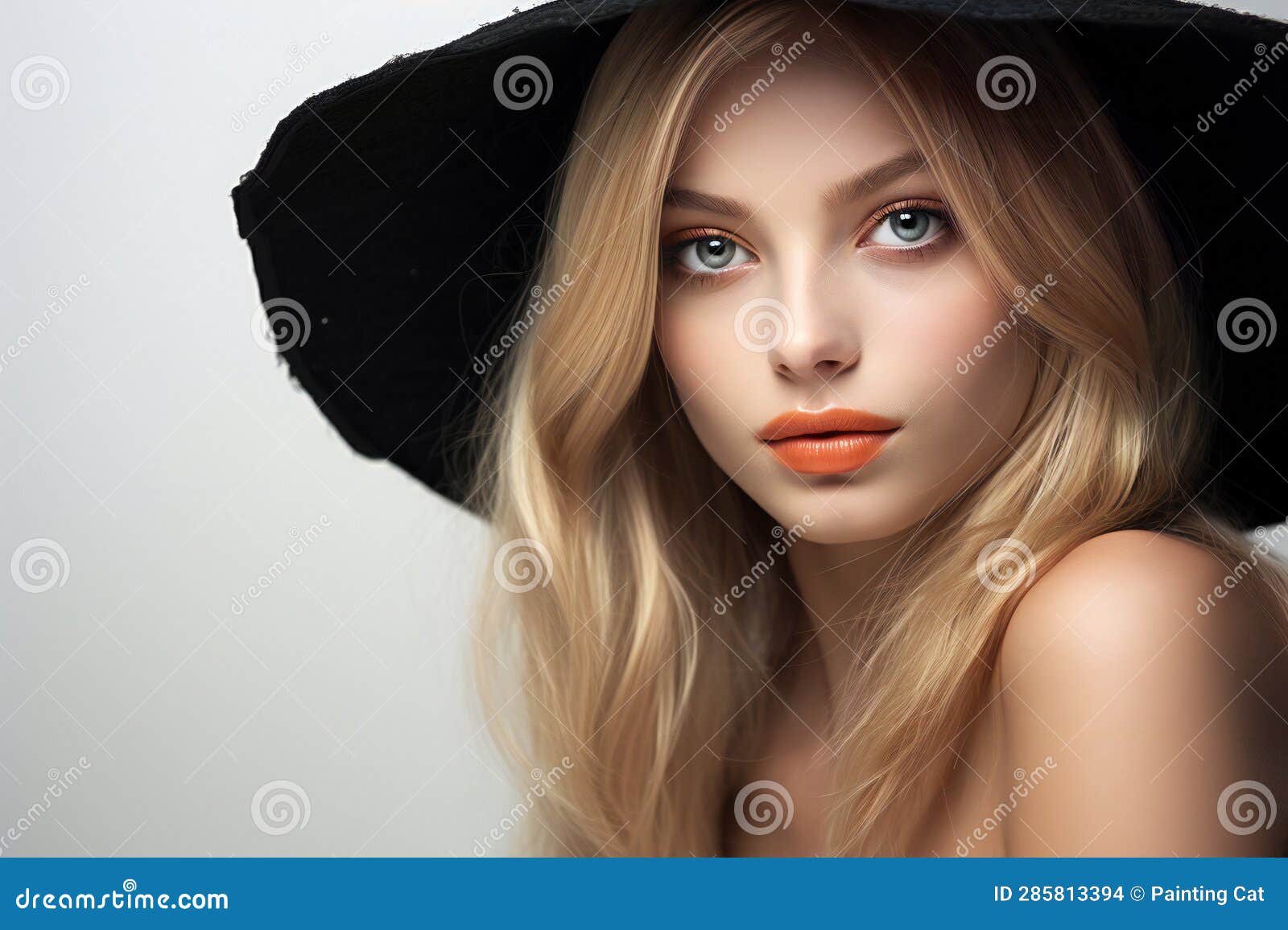 Portrait Of A Beautiful Girl With Long Blond Hair In A Black Hat Stock