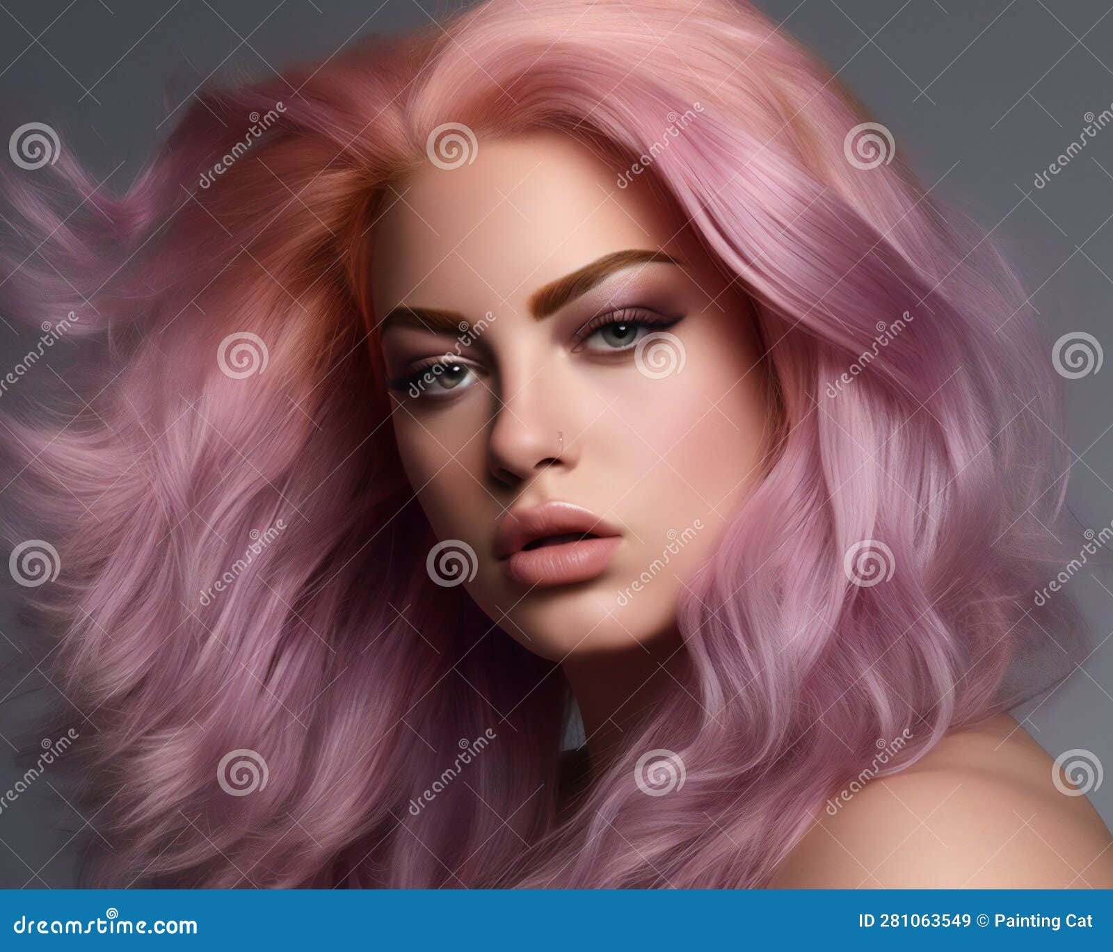 Portrait Of A Beautiful Girl With Long Pink Hair Beauty Fashion Stock Illustration