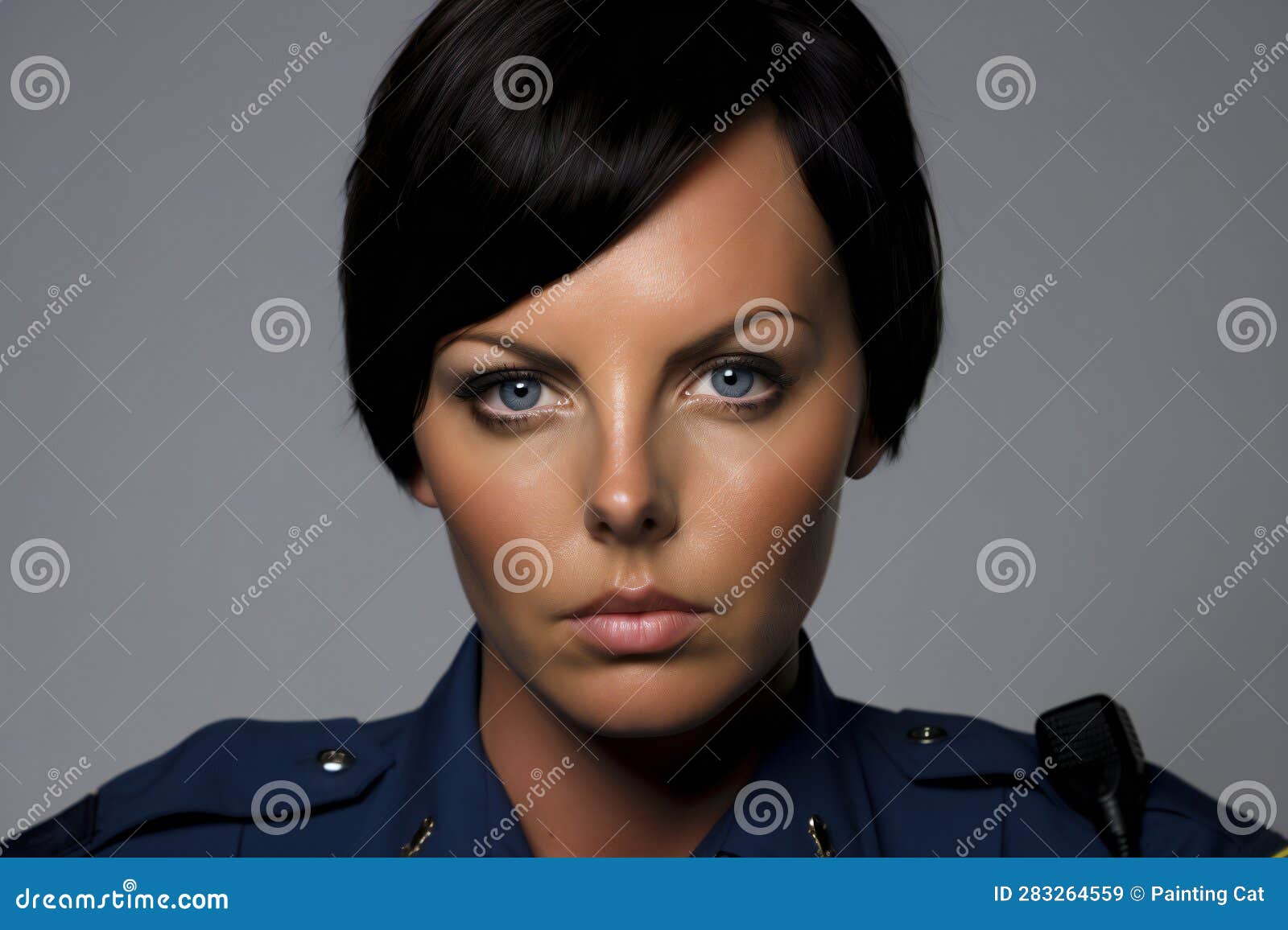 Portrait Of A Beautiful Police Woman With Blue Eyes And Black Hair