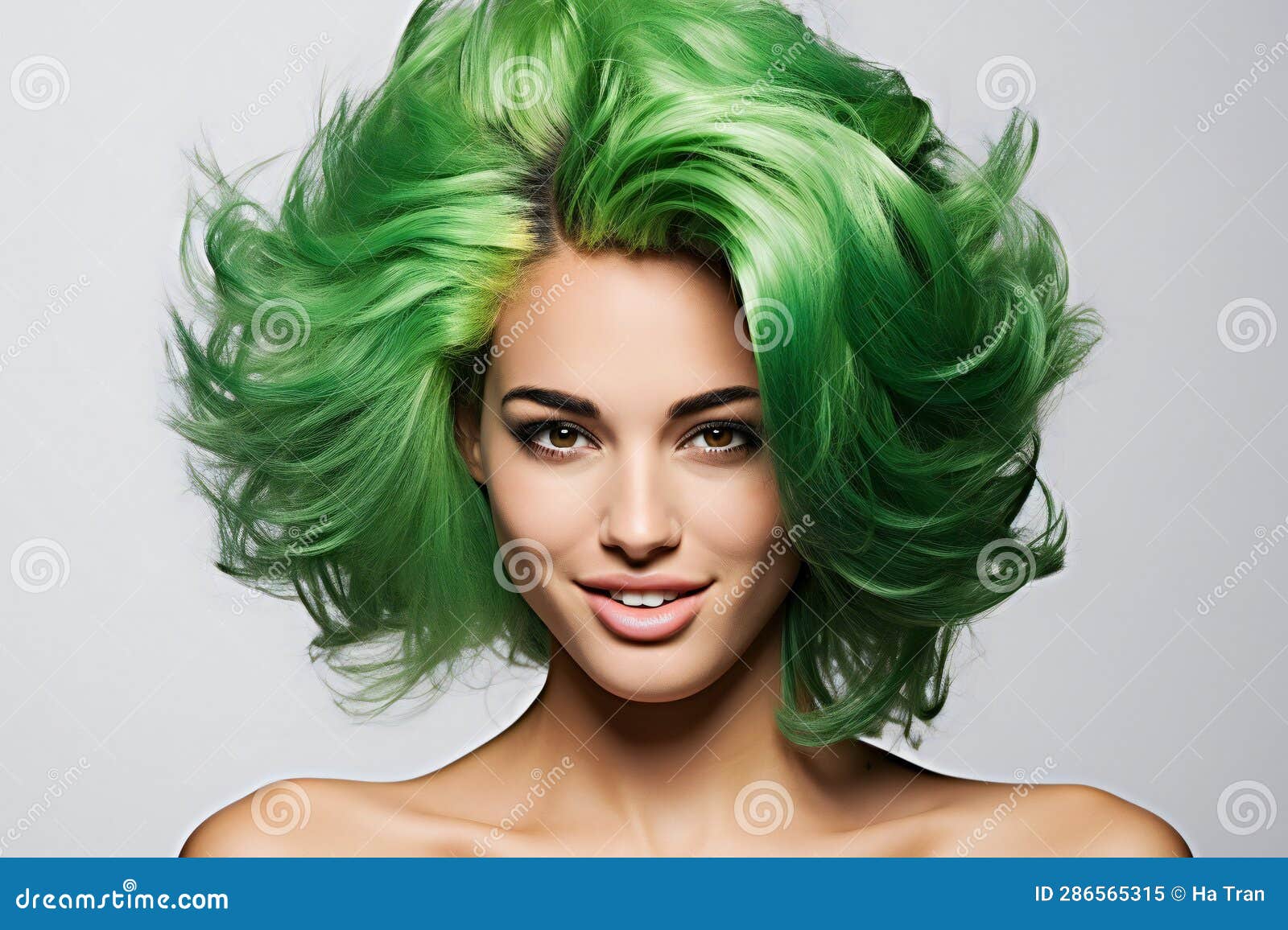 Portrait Of A Beautiful Woman With Green Hair Beauty Fashion Stock