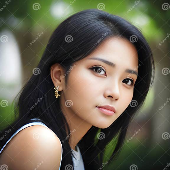 Portrait Of A Beautiful Young Asian Woman With Long Black Hair Stock