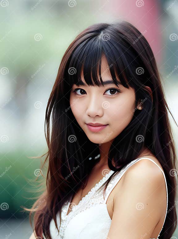 Portrait Of A Beautiful Young Asian Woman With Long Black Hair Stock