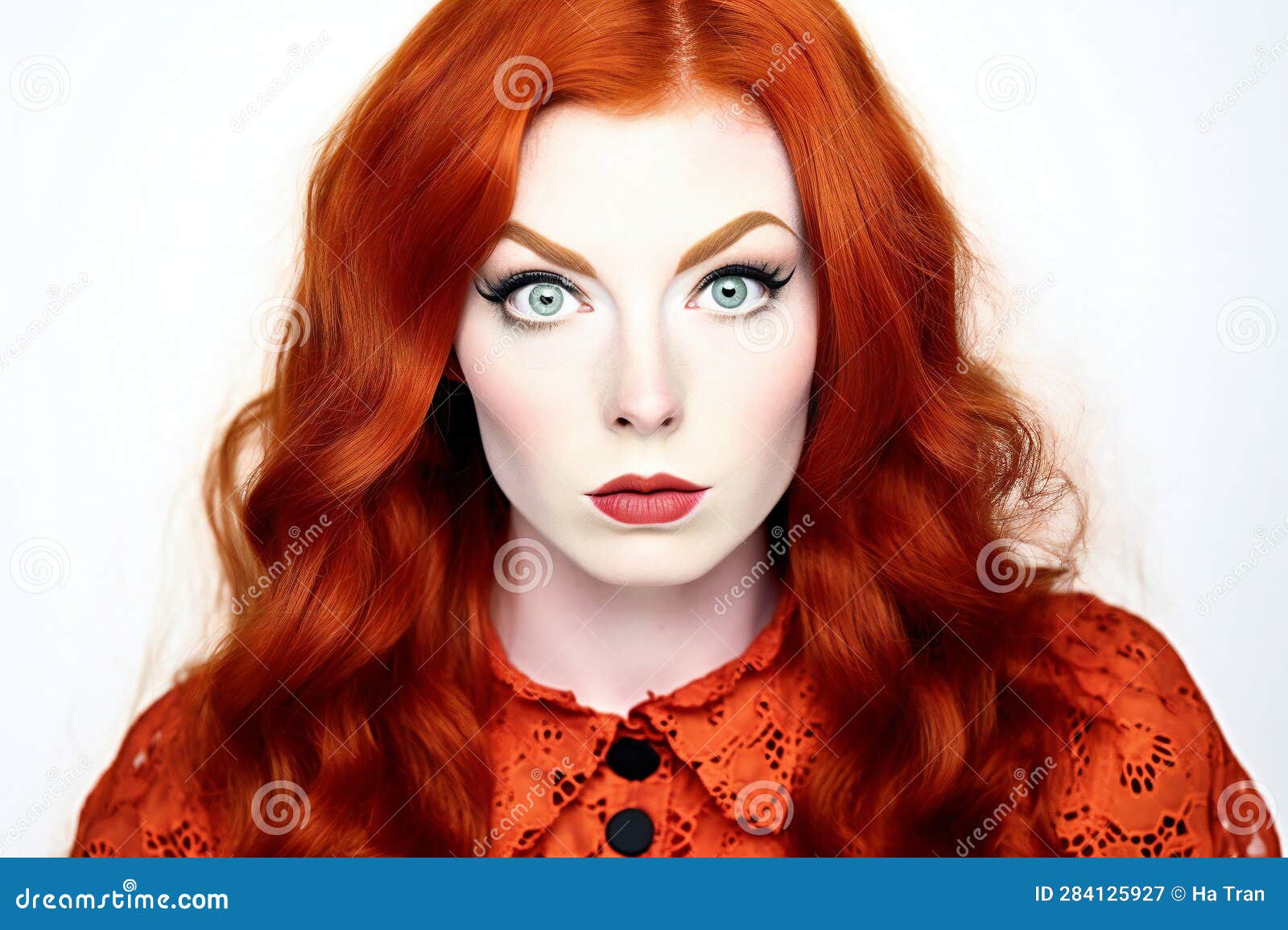 Portrait Of A Beautiful Young Woman With Red Hair And Makeup Stock