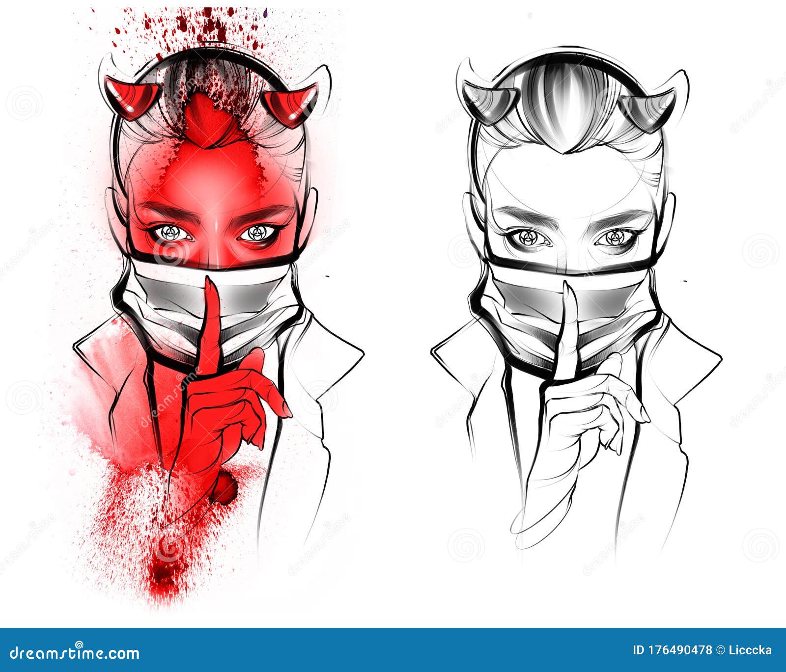 Portrait Of Devil In Vector Line Art Style. T-shirt Template ...