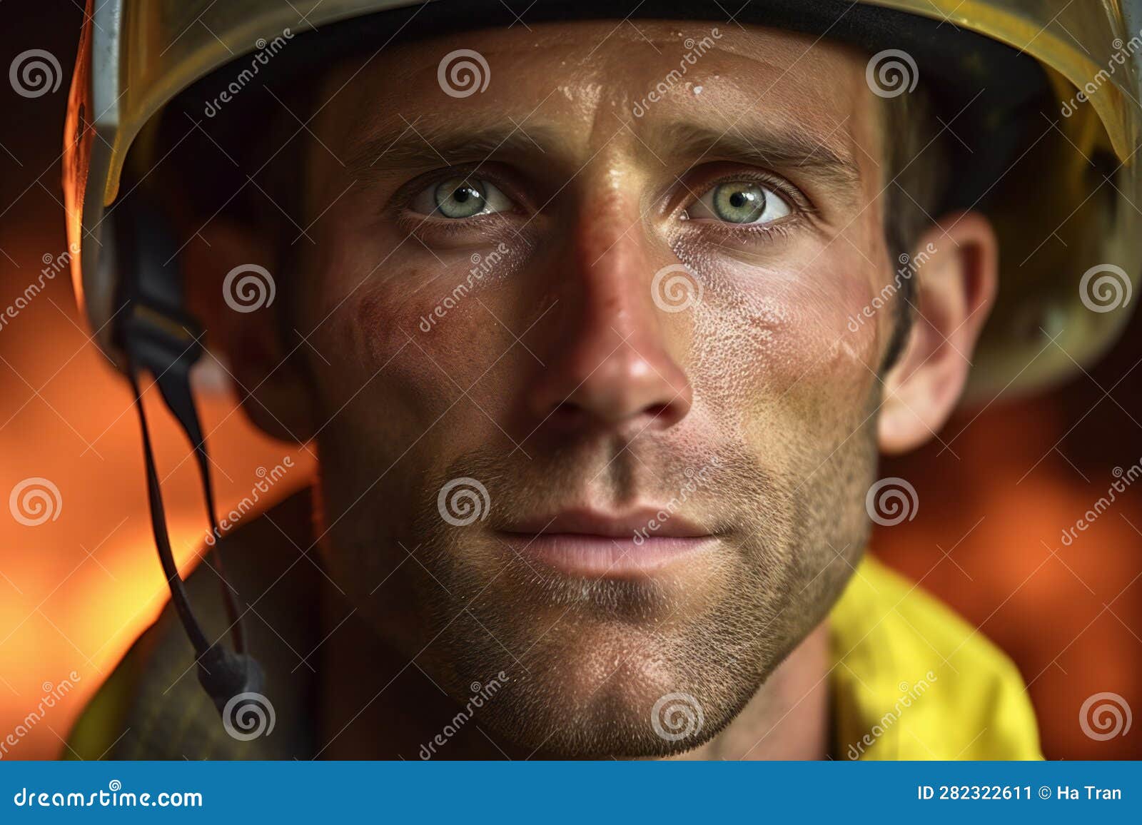 Portrait of a Fireman in the Fire, Close-up Stock Illustration ...