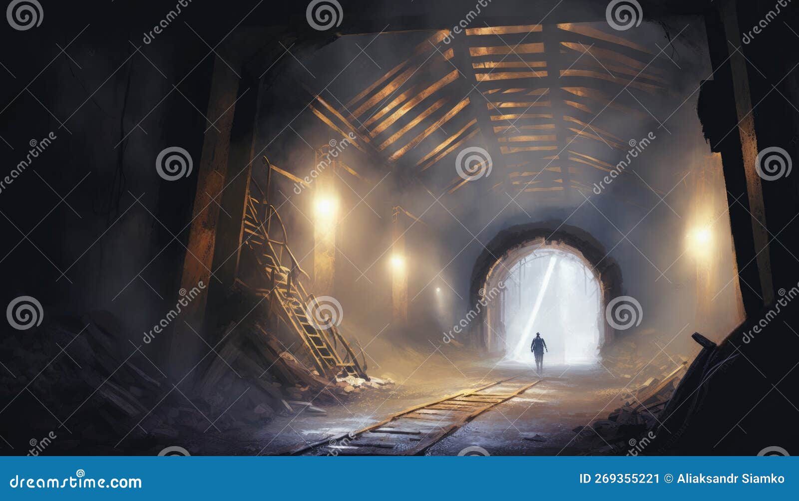 The Illustration Portrays the Interior of a Mine Shaft Enveloped in Fog ...
