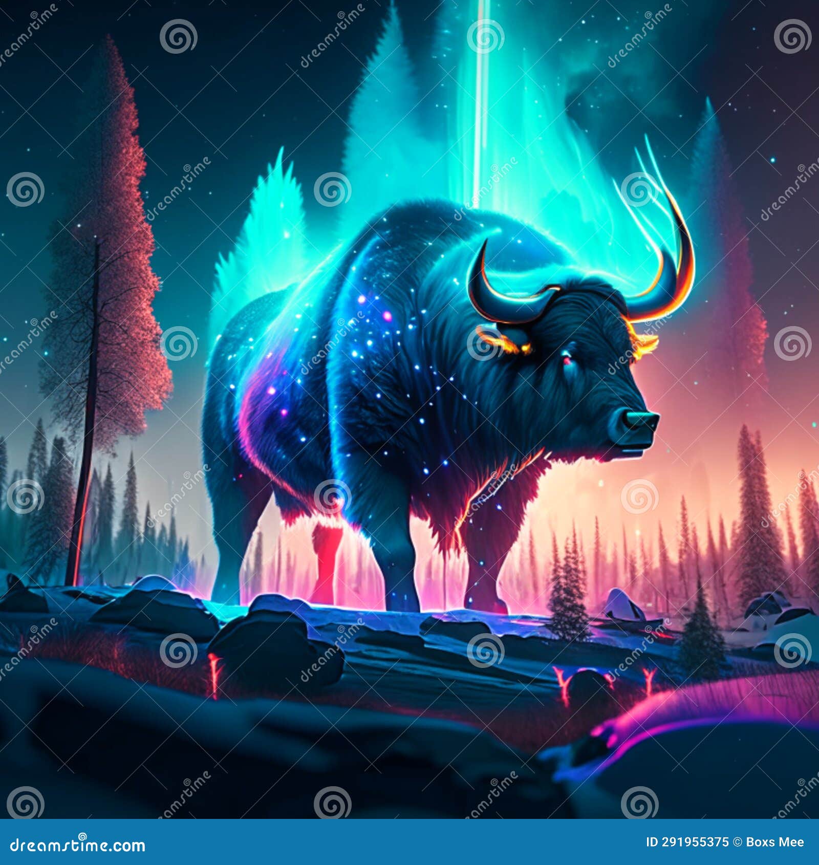 Illustration of a Powerful Bison in the Forest at Night. AI Generated ...