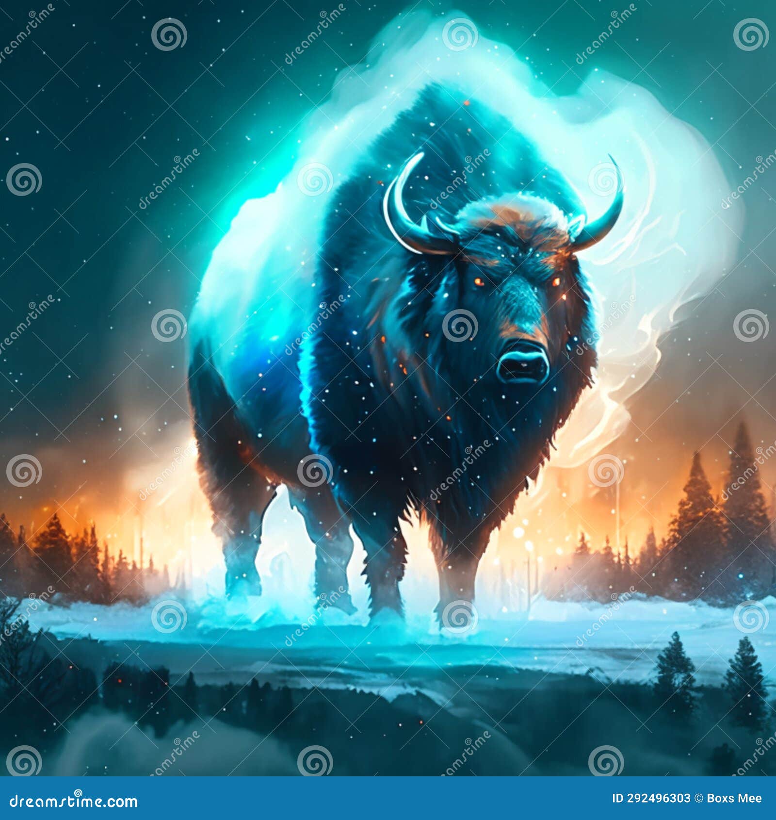 Illustration of a Powerful Bison in the Forest at Night. AI Generated ...