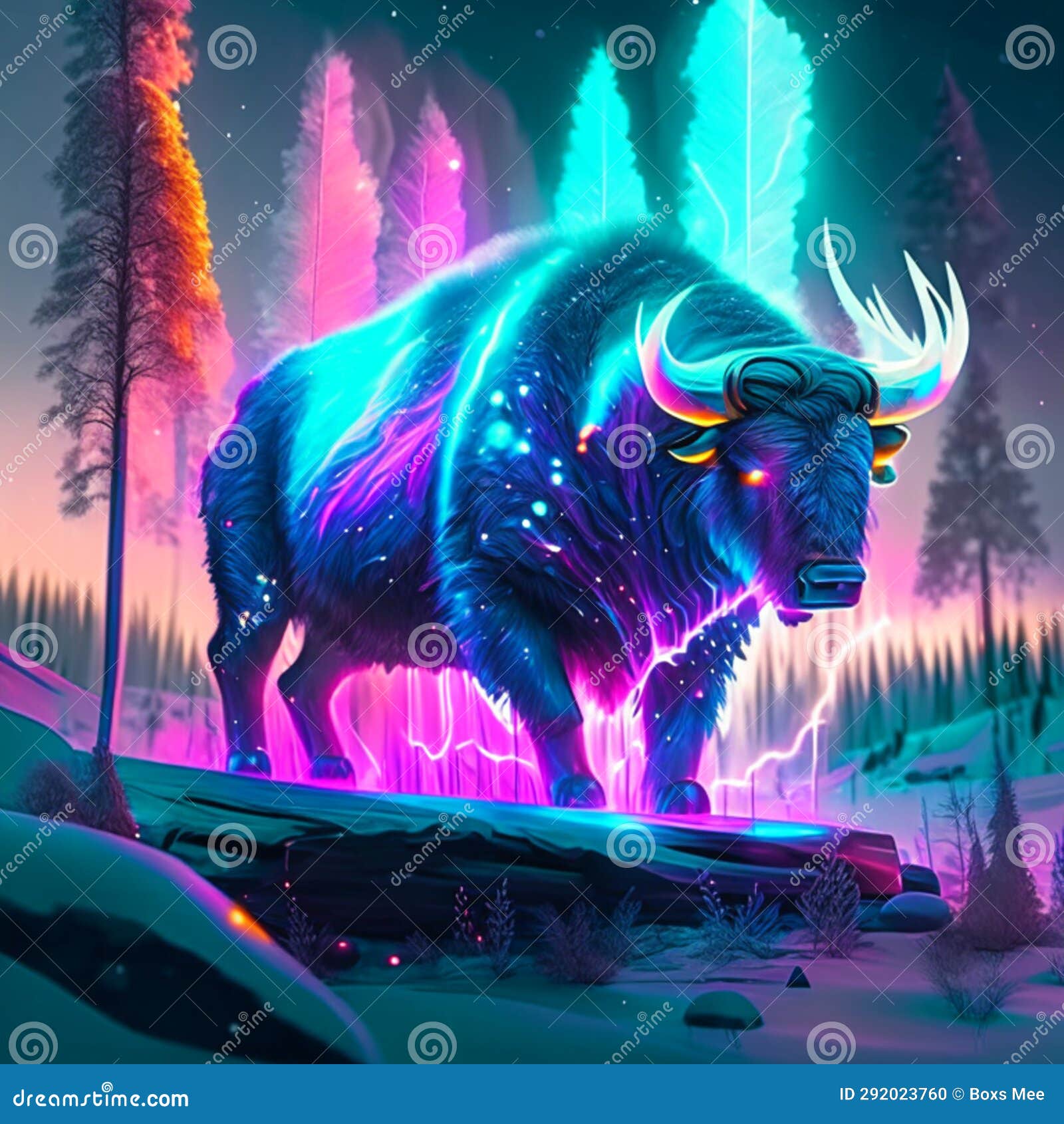Illustration of a Powerful Bison in the Forest at Night. Generative AI ...