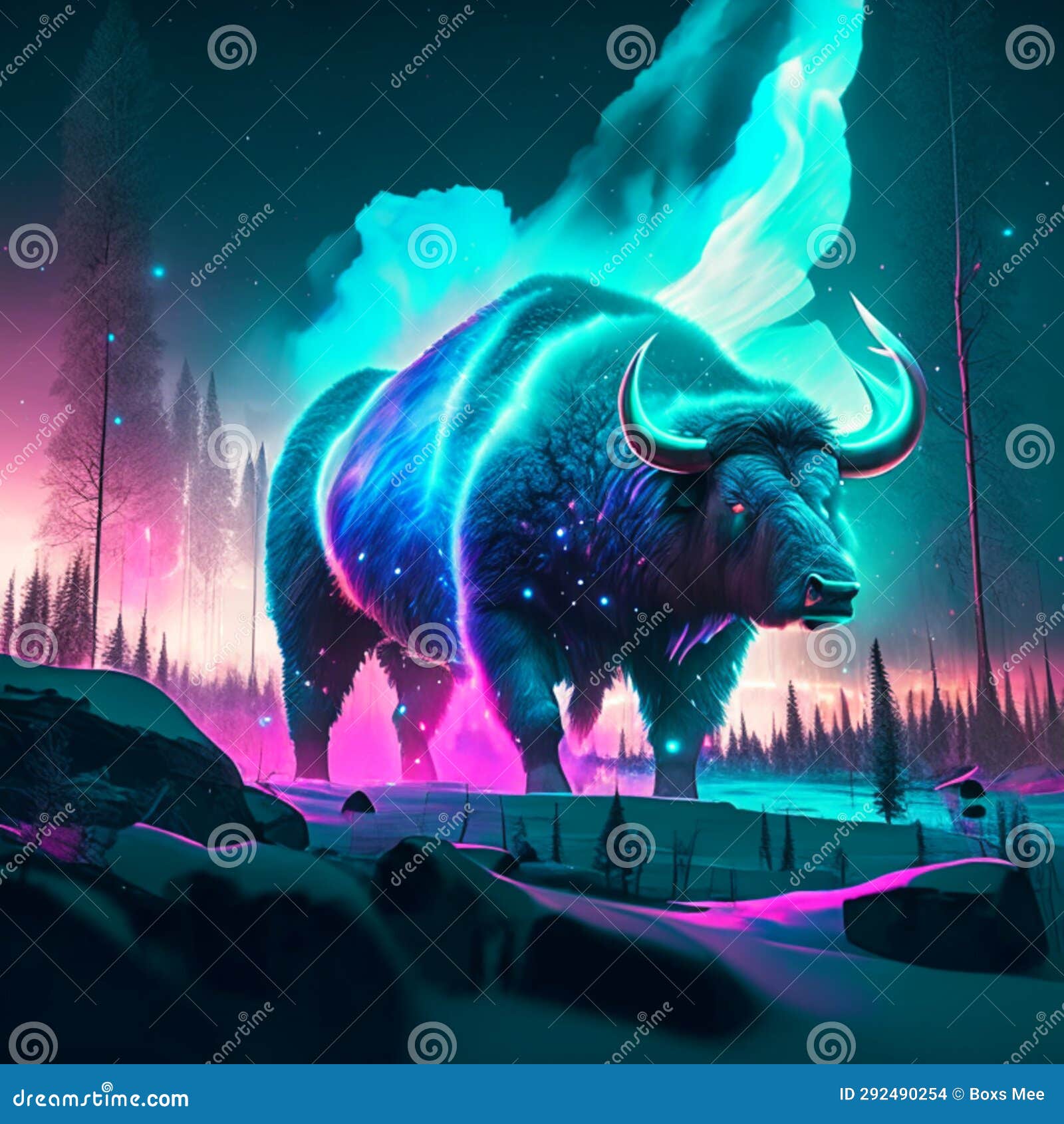 Illustration of a Powerful Powerful Bison in the Forest at Night AI ...