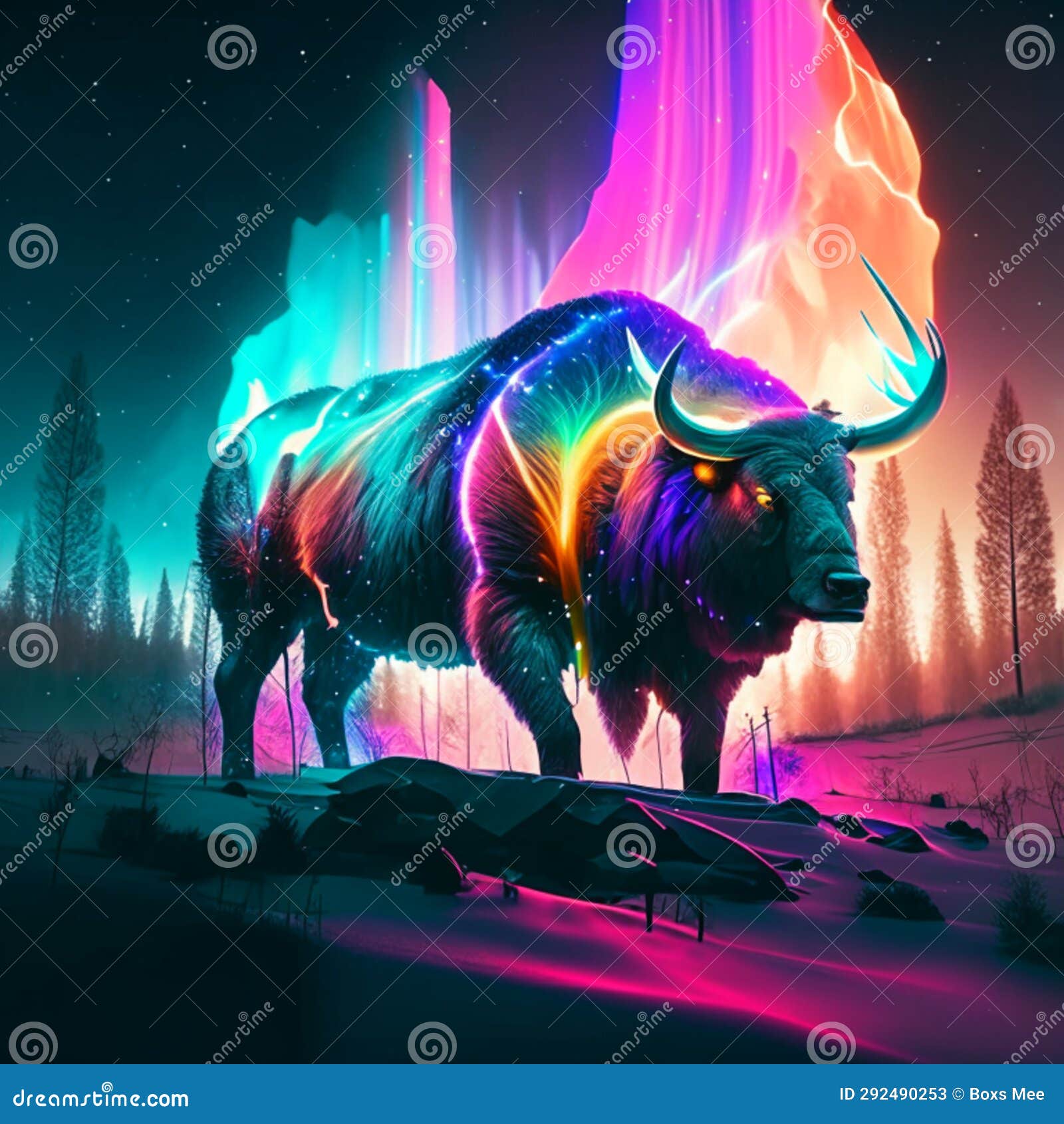 Illustration of a Powerful Powerful Bison in the Night Forest. AI ...