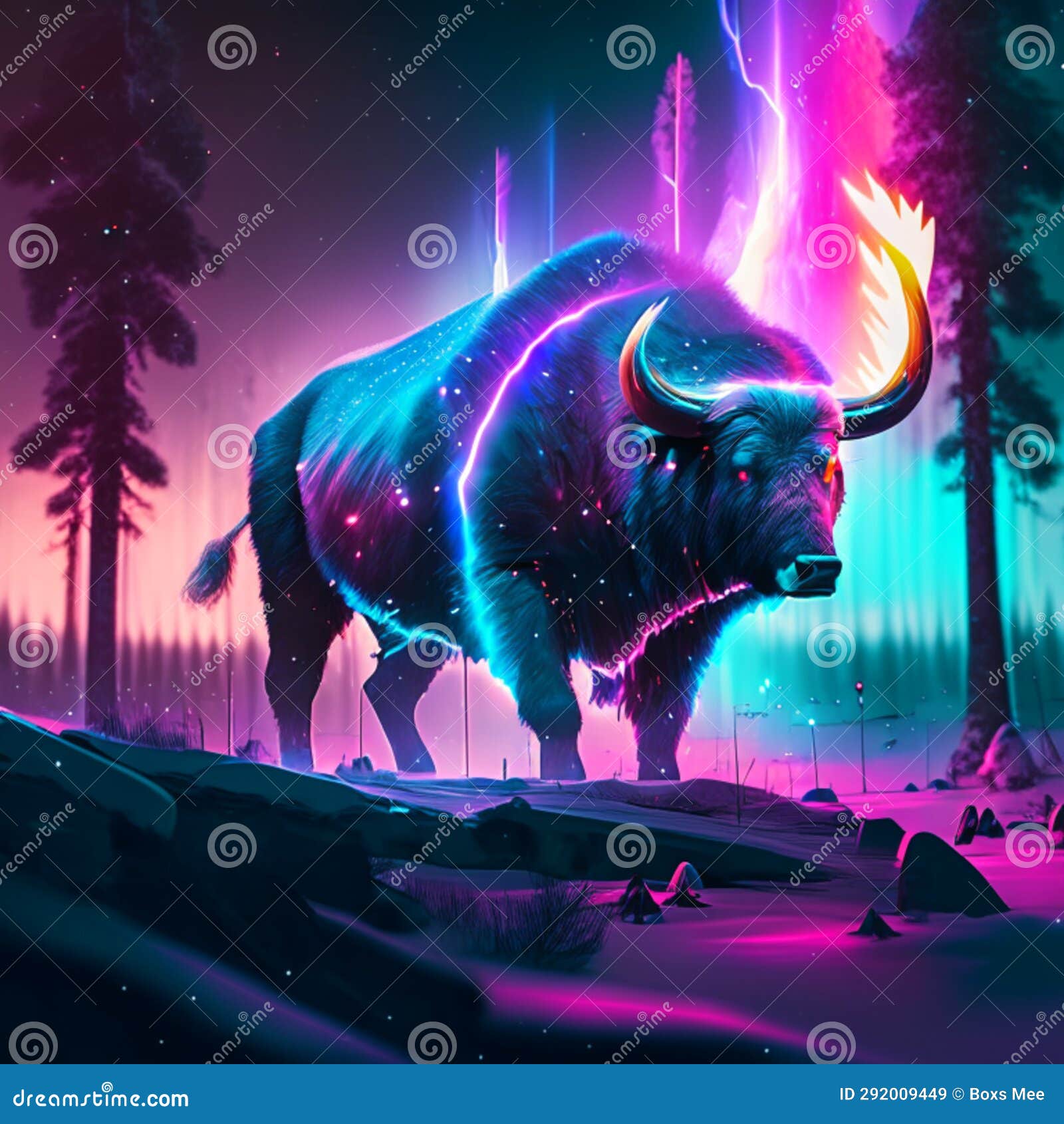 Illustration of a Powerful Powerful Powerful Bison in the Night Forest ...
